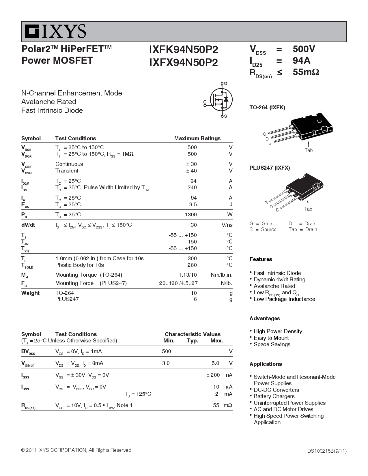 IXFK94N50P2_（IXYS）IXFK94N50P2中文资料_价格_PDF手册-立创电子商城