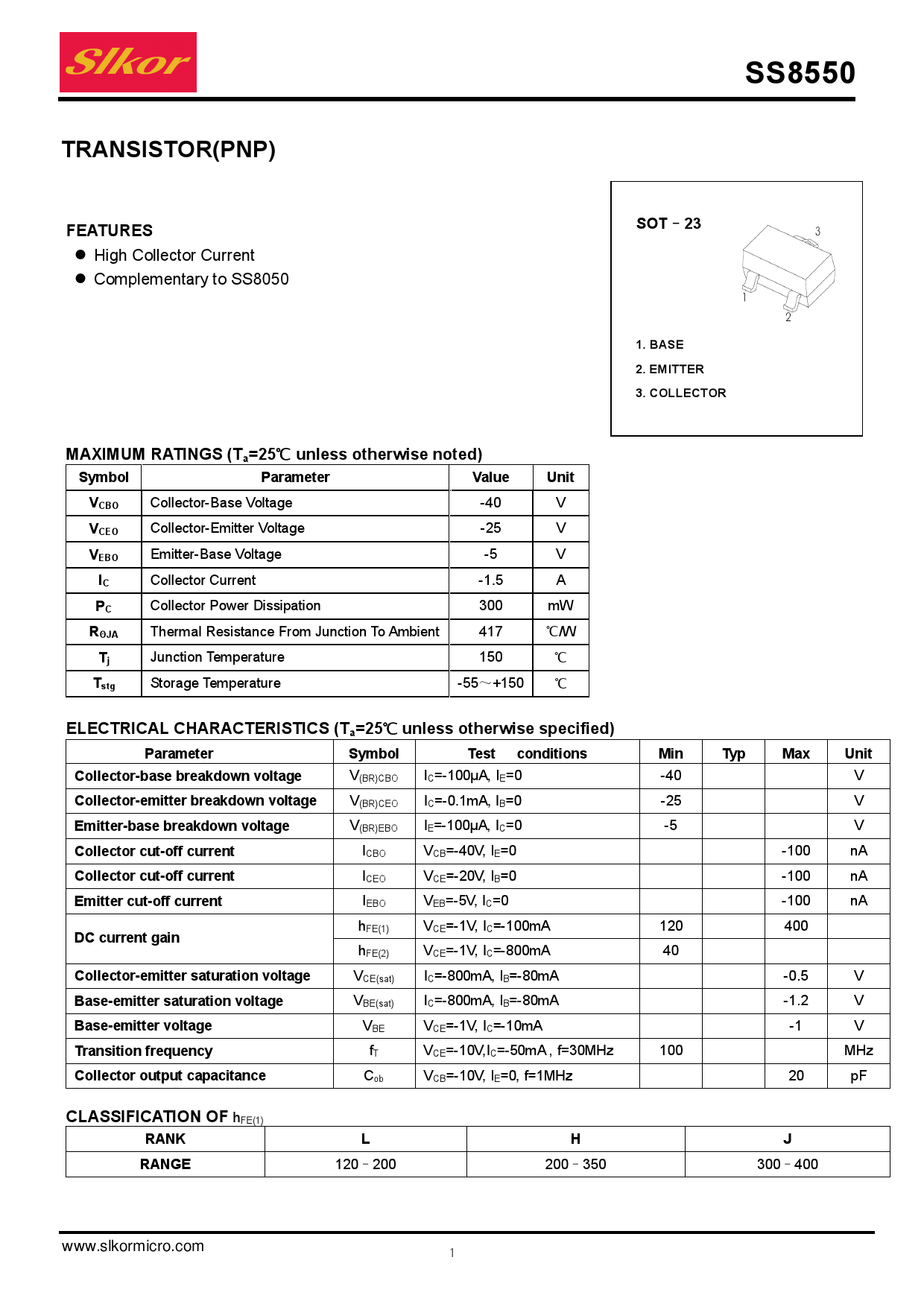 SS8550_（Slkor(萨科微)）SS8550中文资料_价格_PDF手册-立创电子商城