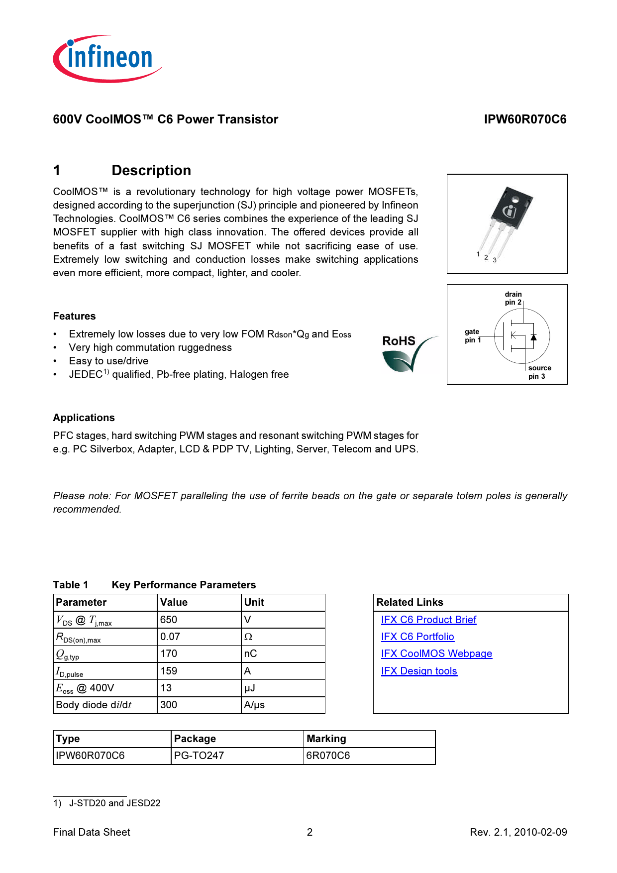 IPW60R070C6_（Infineon(英飞凌)）IPW60R070C6中文资料_价格_PDF手册-立创电子商城