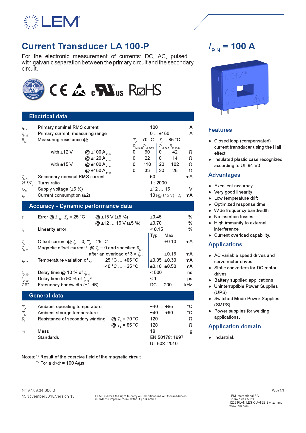 LA100-P_（LEM(莱姆)）LA100-P中文资料_价格_PDF手册-立创电子商城