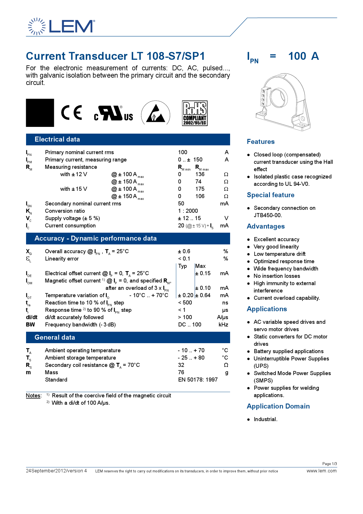 LT108-S7/SP1_（LEM(莱姆)）LT108-S7/SP1中文资料_价格_PDF手册-立创电子商城