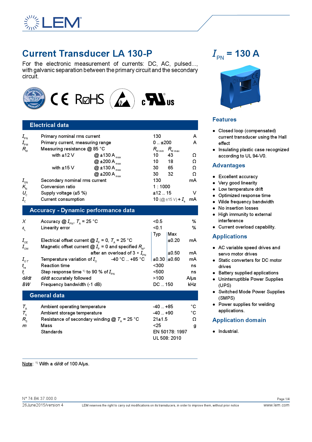 LA130-P_（LEM(莱姆)）LA130-P中文资料_价格_PDF手册-立创电子商城