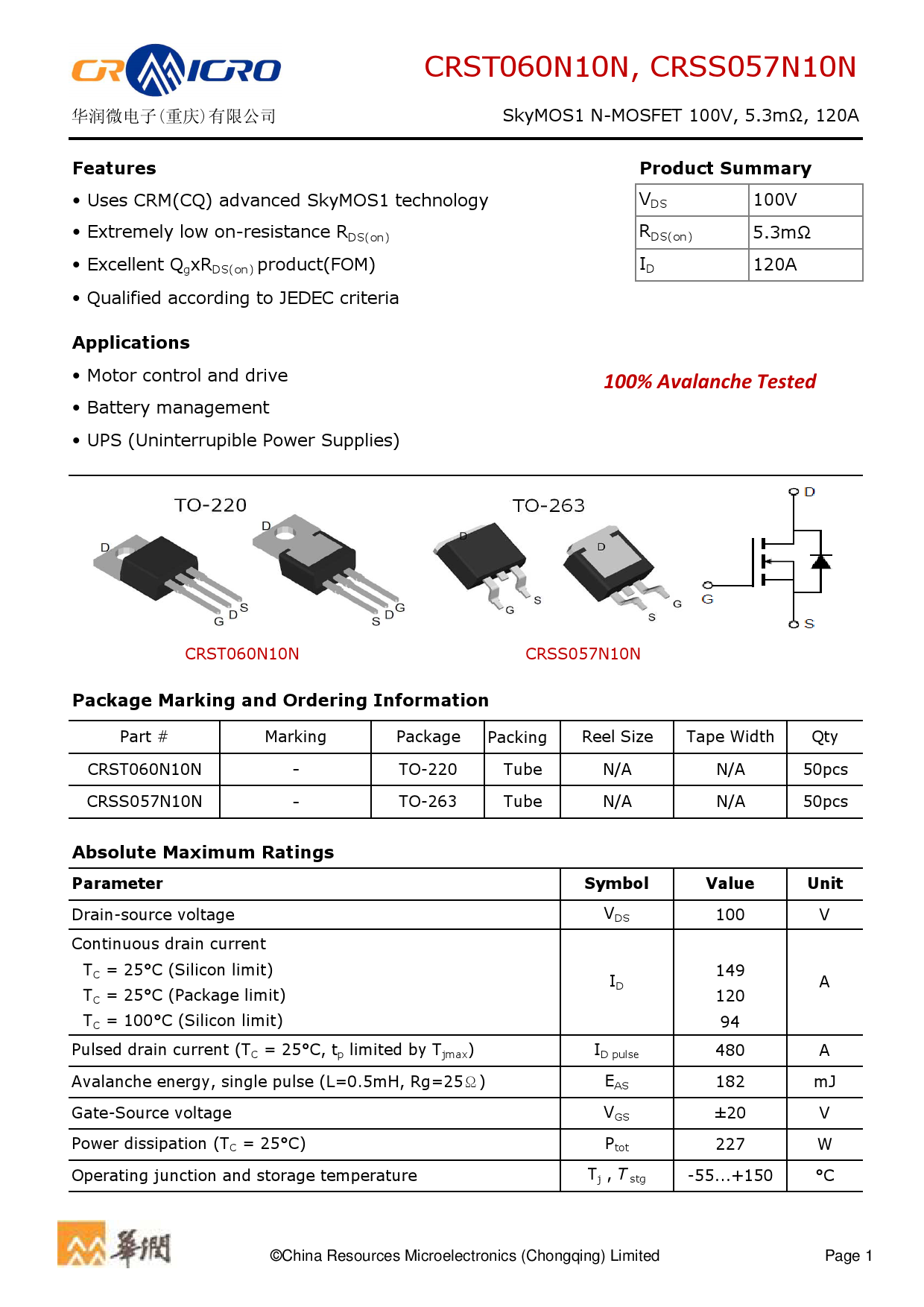 CRST060N10N_（CRMICRO(华润微)）CRST060N10N中文资料_价格_PDF手册-立创电子商城