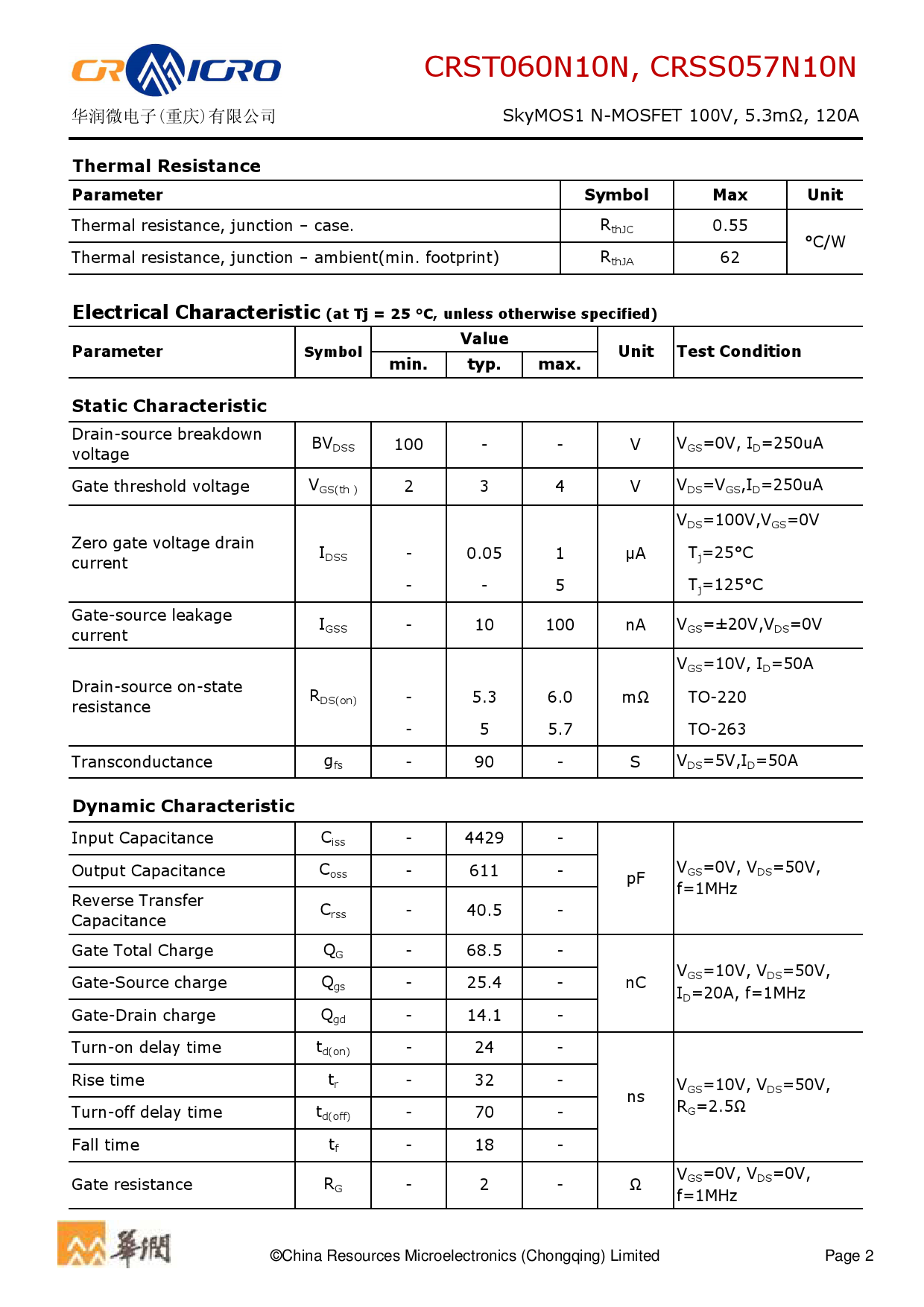 CRST060N10N_（CRMICRO(华润微)）CRST060N10N中文资料_价格_PDF手册-立创电子商城
