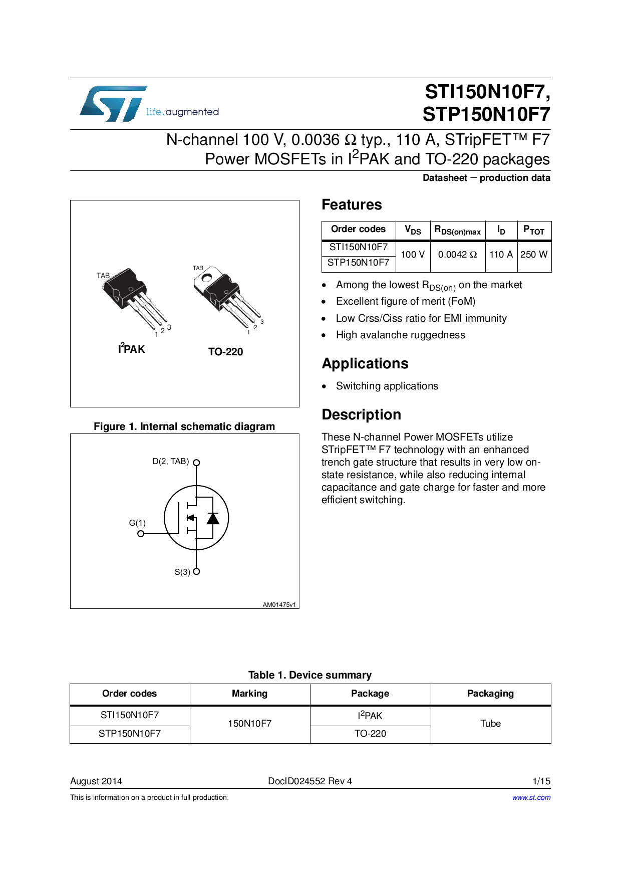 STP150N10F7_（ST(意法半导体)）STP150N10F7中文资料_价格_PDF手册-立创电子商城