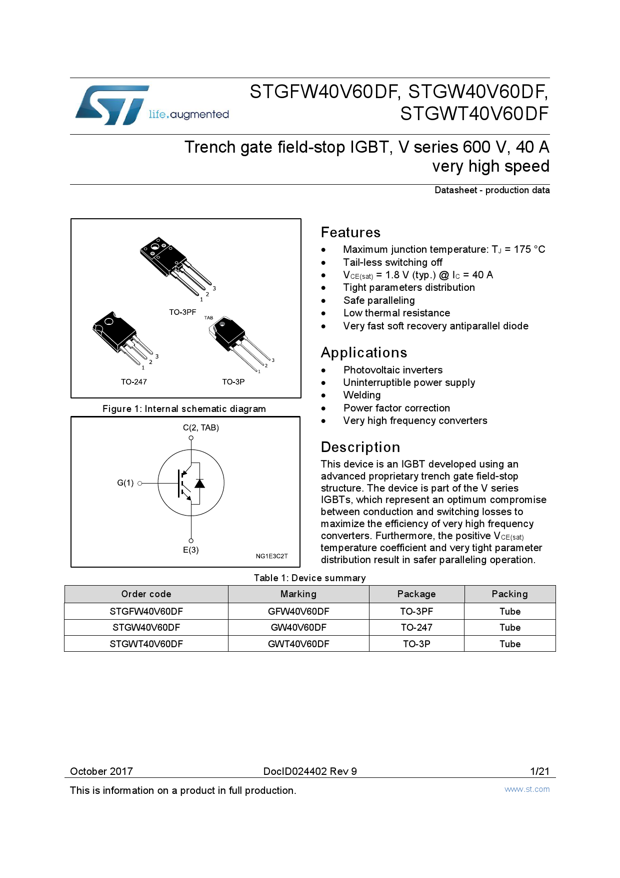 STGW40V60DF_（ST(意法半导体)）STGW40V60DF中文资料_价格_PDF手册-立创电子商城