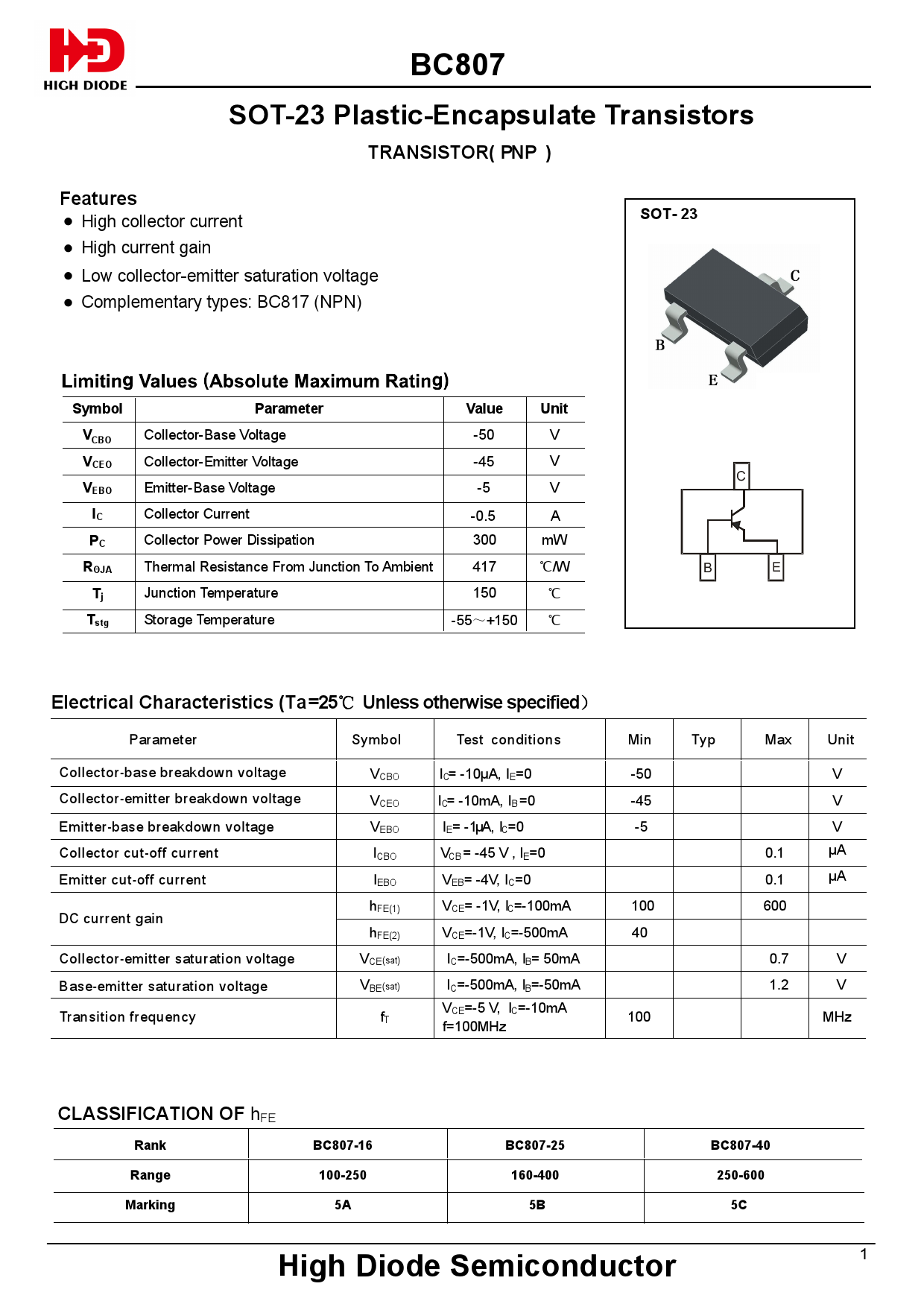BC807_（High Diode(海德)）BC807中文资料_价格_PDF手册-立创电子商城