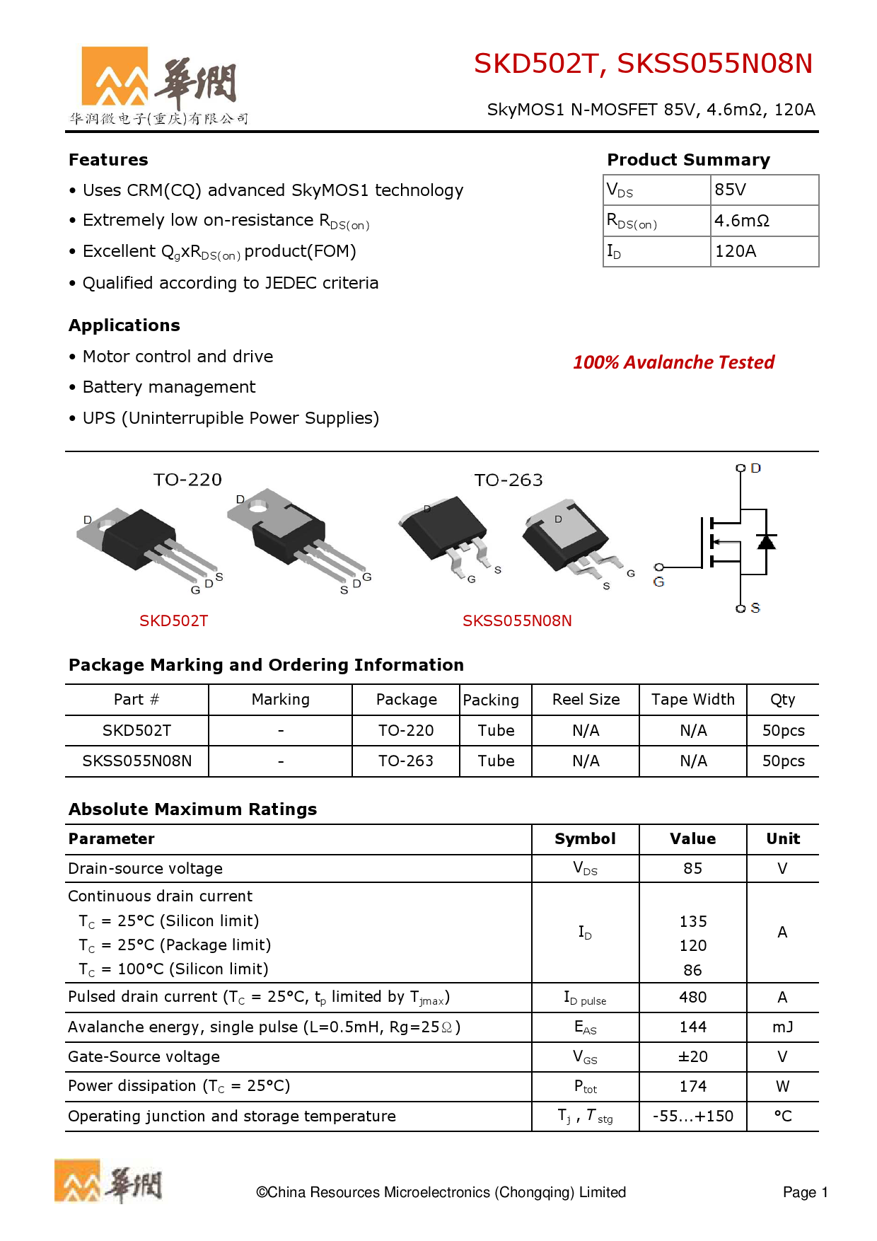 SKD502T_（CRMICRO(华润微)）SKD502T中文资料_价格_PDF手册-立创电子商城