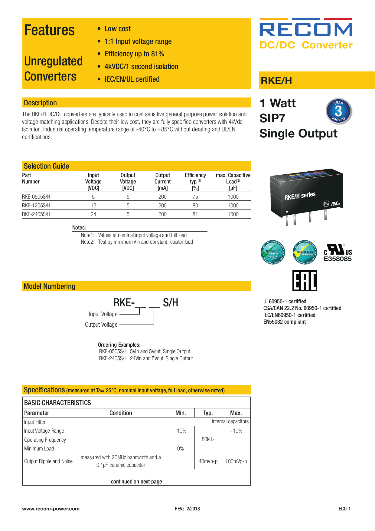 RKE-0505S/H_（Recom Power）RKE-0505S/H中文资料_价格_PDF手册-立创电子商城