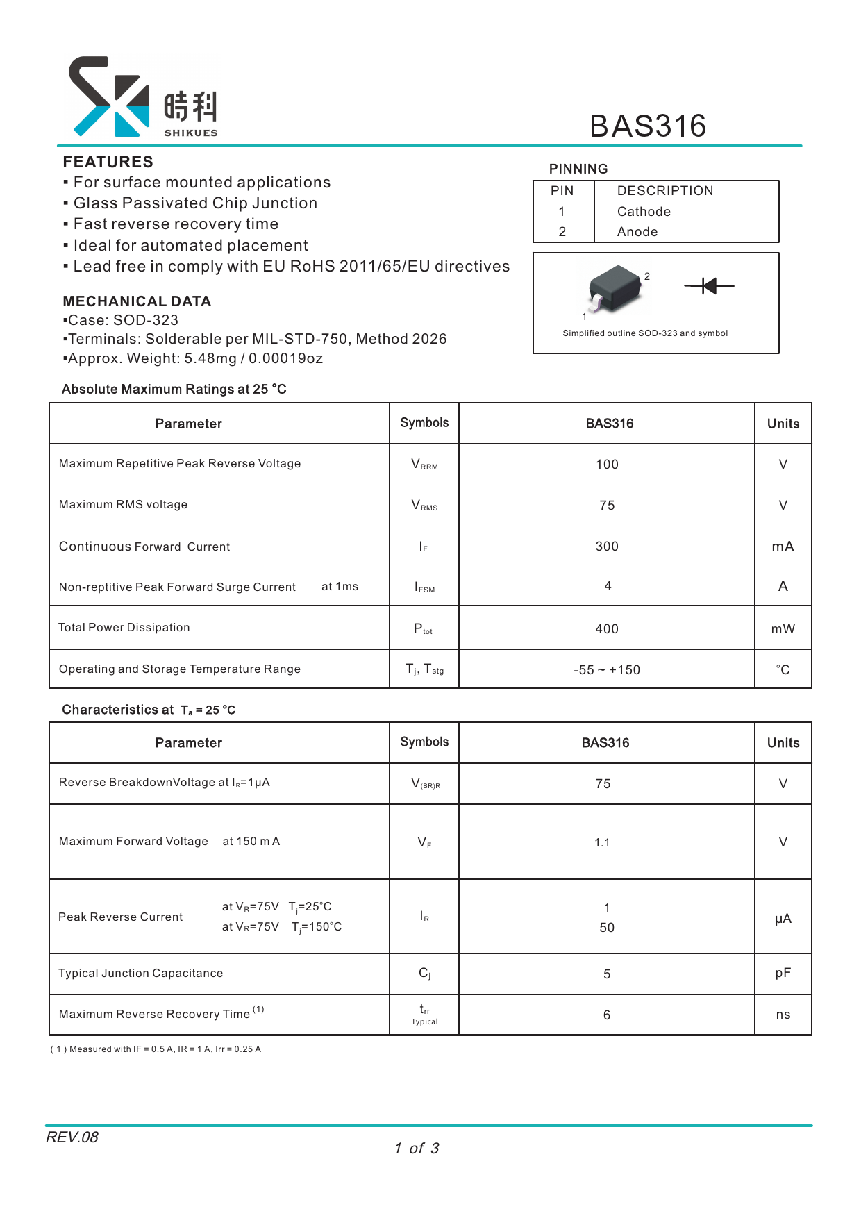 BAS316_（SHIKUES(时科)）BAS316中文资料_价格_PDF手册-立创电子商城