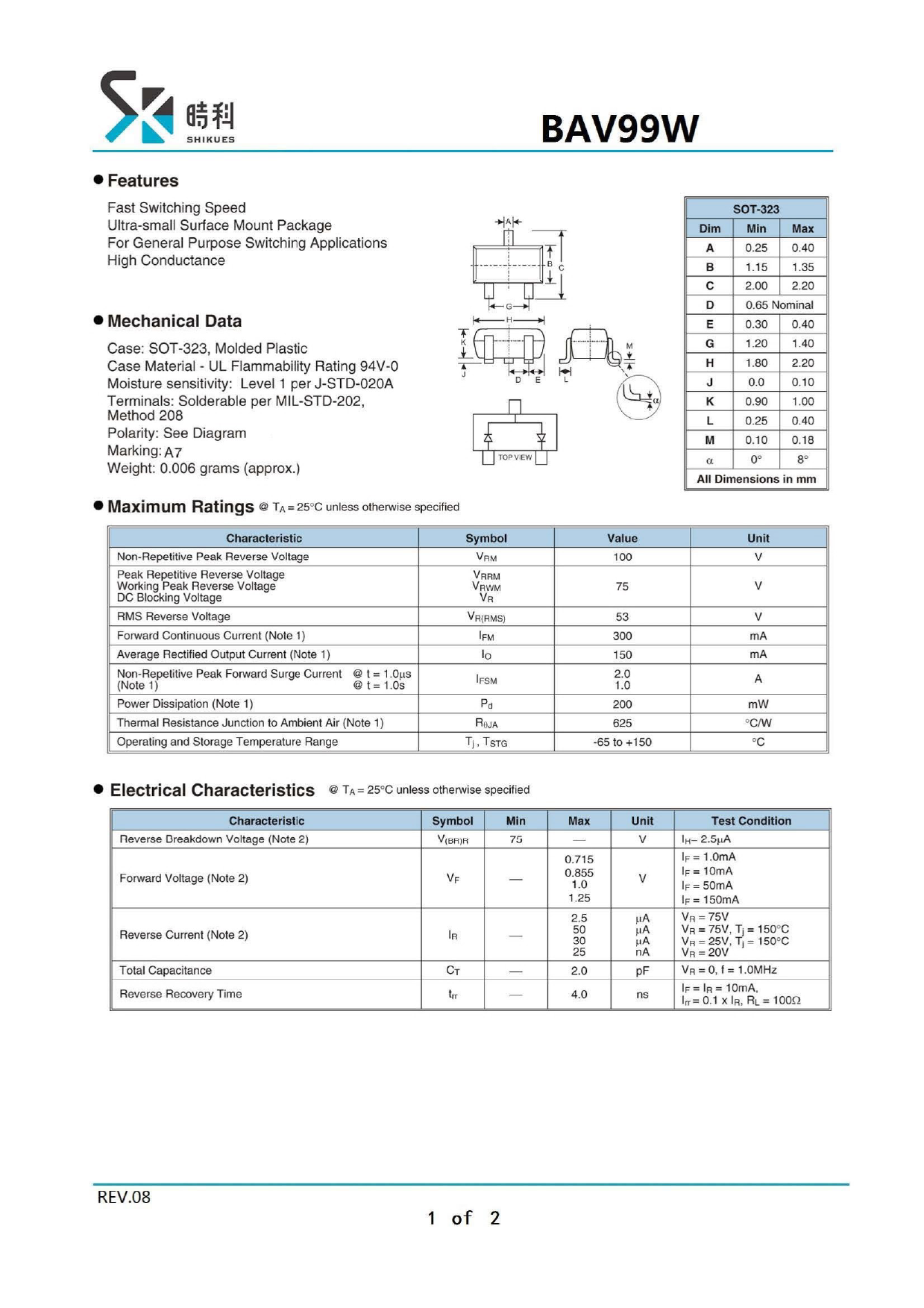 BAV99W_（SHIKUES(时科)）BAV99W中文资料_价格_PDF手册-立创电子商城