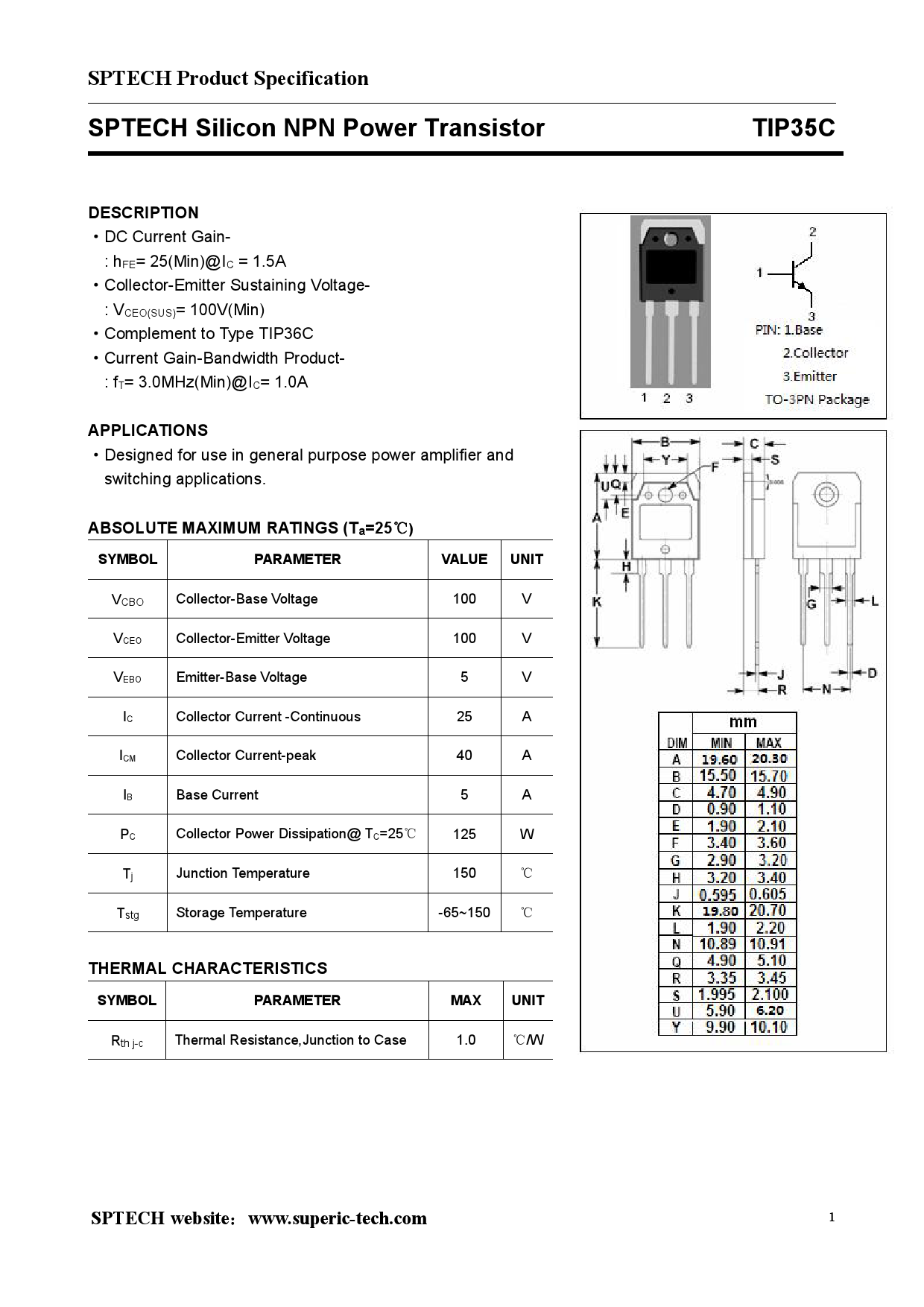 TIP35C_（SPTECH）TIP35C中文资料_价格_PDF手册-立创电子商城