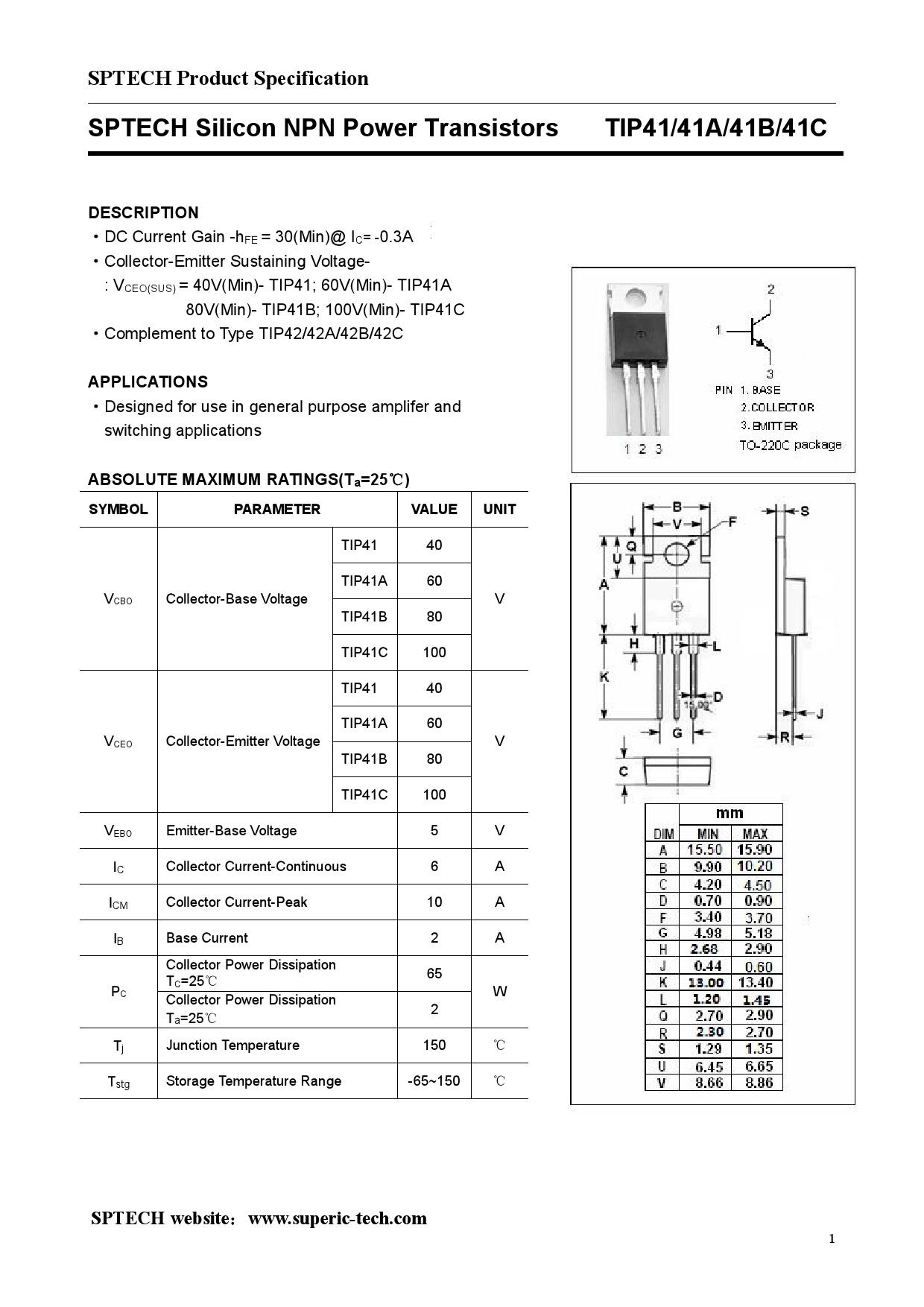 TIP41C_（SPTECH）TIP41C中文资料_价格_PDF手册-立创电子商城