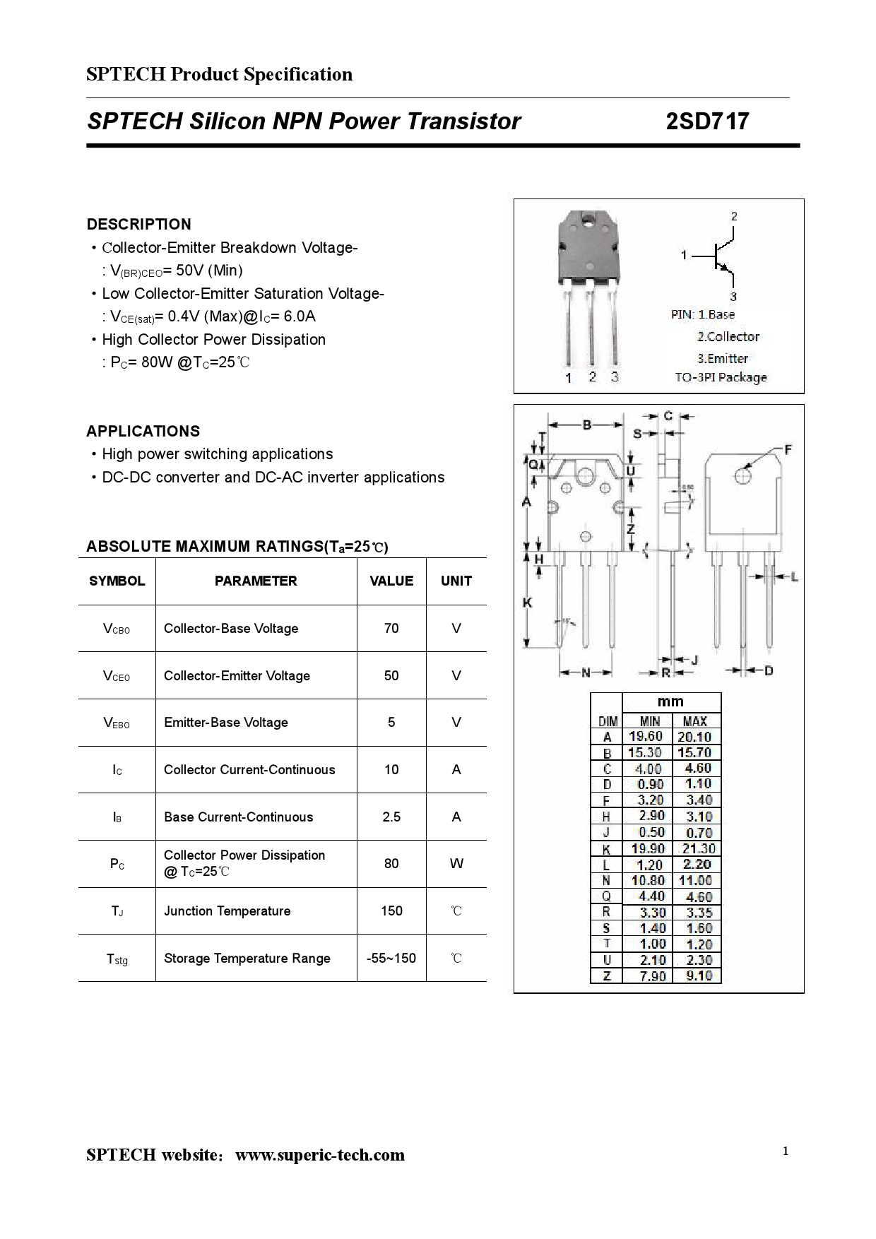 2SD717_（SPTECH(深圳质超)）2SD717中文资料_价格_PDF手册-立创电子商城