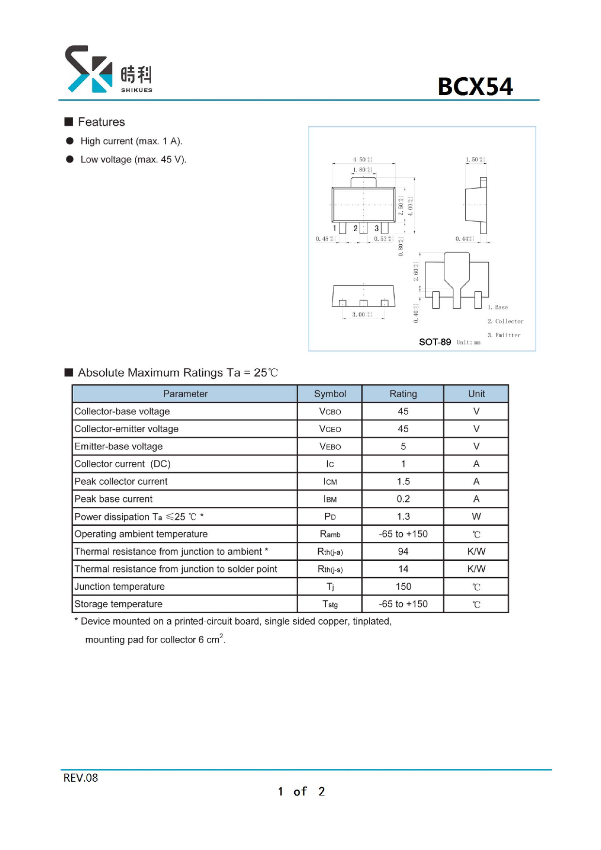 BCX54_（SHIKUES(时科)）BCX54中文资料_价格_PDF手册-立创电子商城