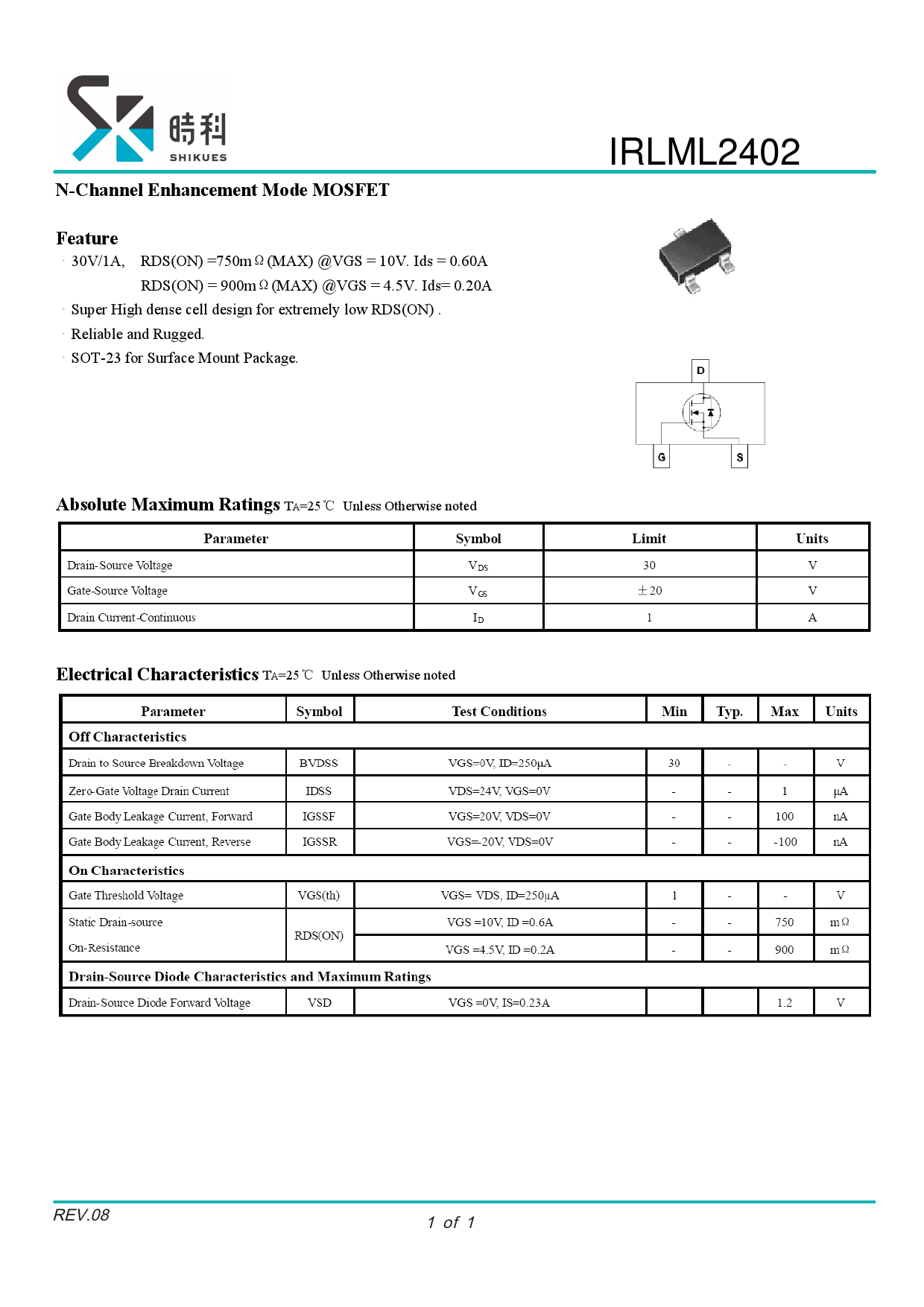 IRLML2402_（SHIKUES(时科)）IRLML2402中文资料_价格_PDF手册-立创电子商城