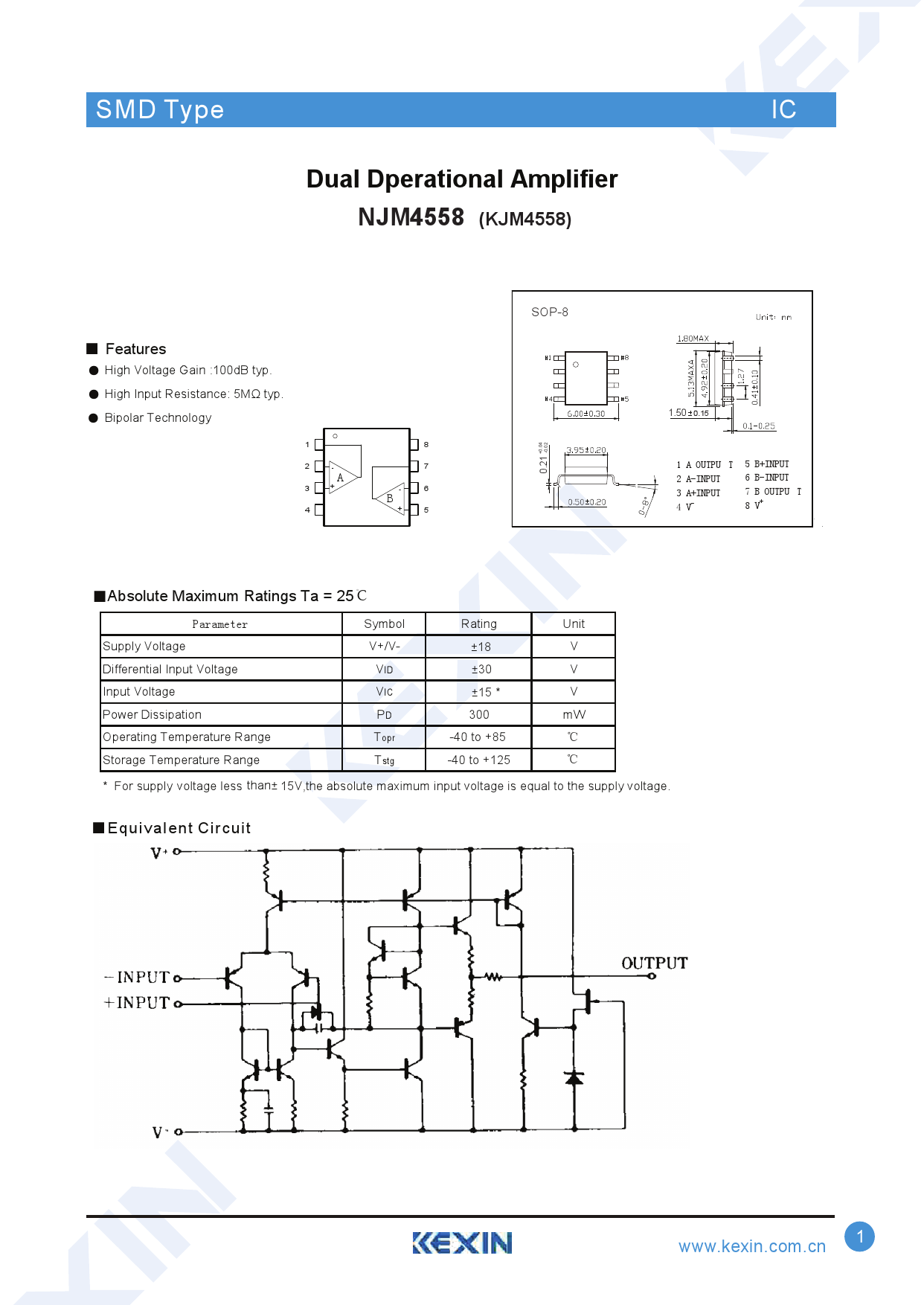 NJM4558_（KEXIN(科信)）NJM4558中文资料_价格_PDF手册-立创电子商城