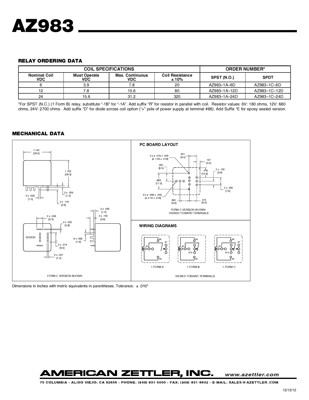 AZ983-1A-12D_（ZETTLER(赛特勒)）AZ983-1A-12D中文资料_价格_PDF手册-立创电子商城