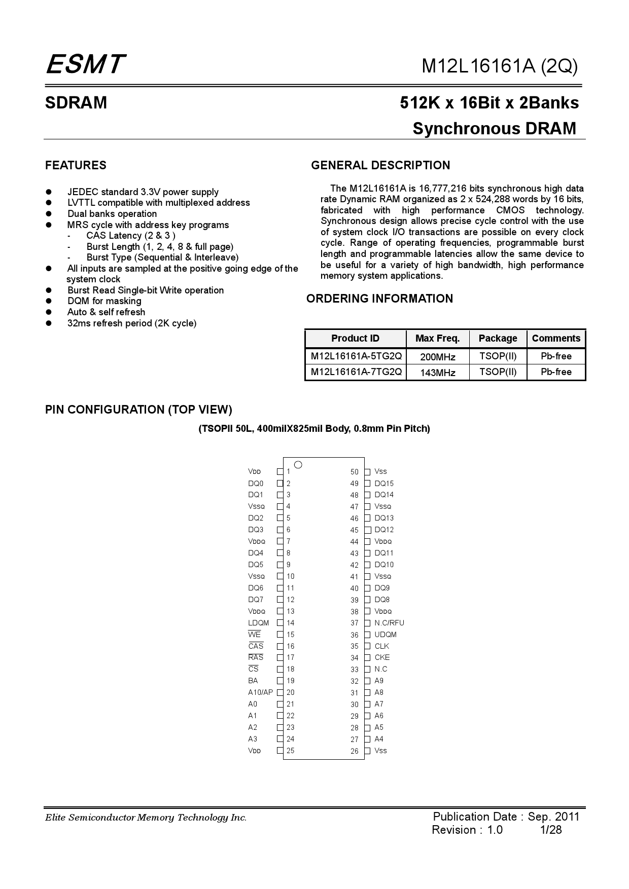 M12L16161A-7TG2Q_（ESMT(台湾晶豪)）M12L16161A-7TG2Q中文资料_价格_PDF手册-立创电子商城