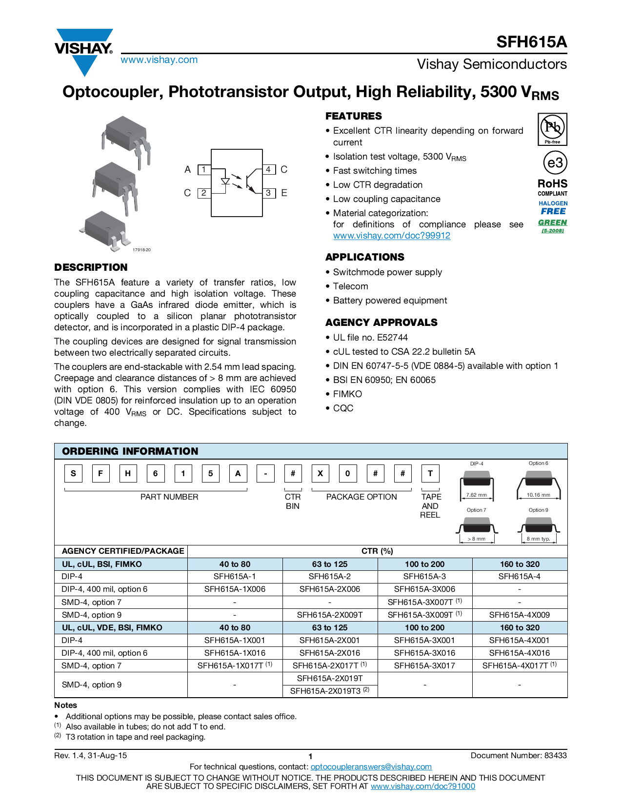 SFH615A-3X009T_（VISHAY(威世)）SFH615A-3X009T中文资料_价格_PDF手册-立创电子商城