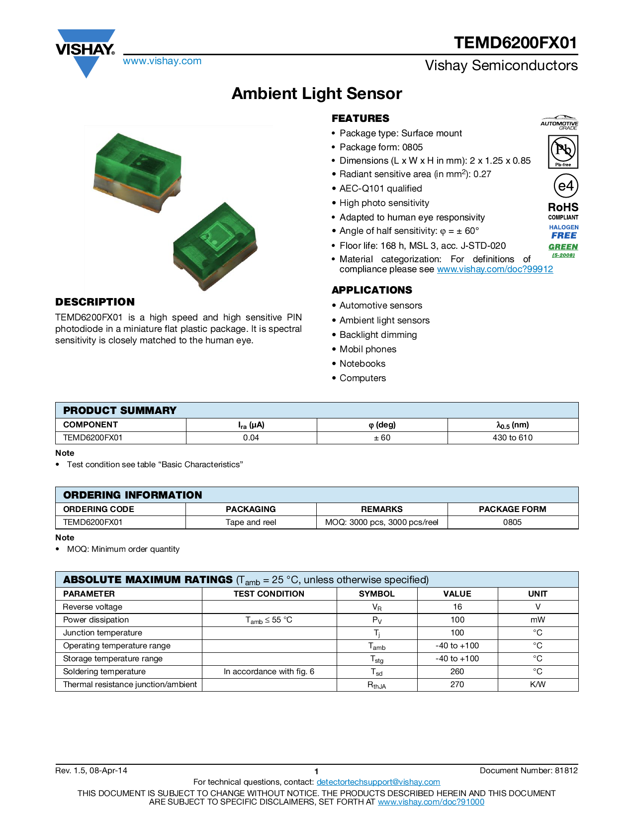TEMD6200FX01_（VISHAY(威世)）TEMD6200FX01中文资料_价格_PDF手册-立创电子商城