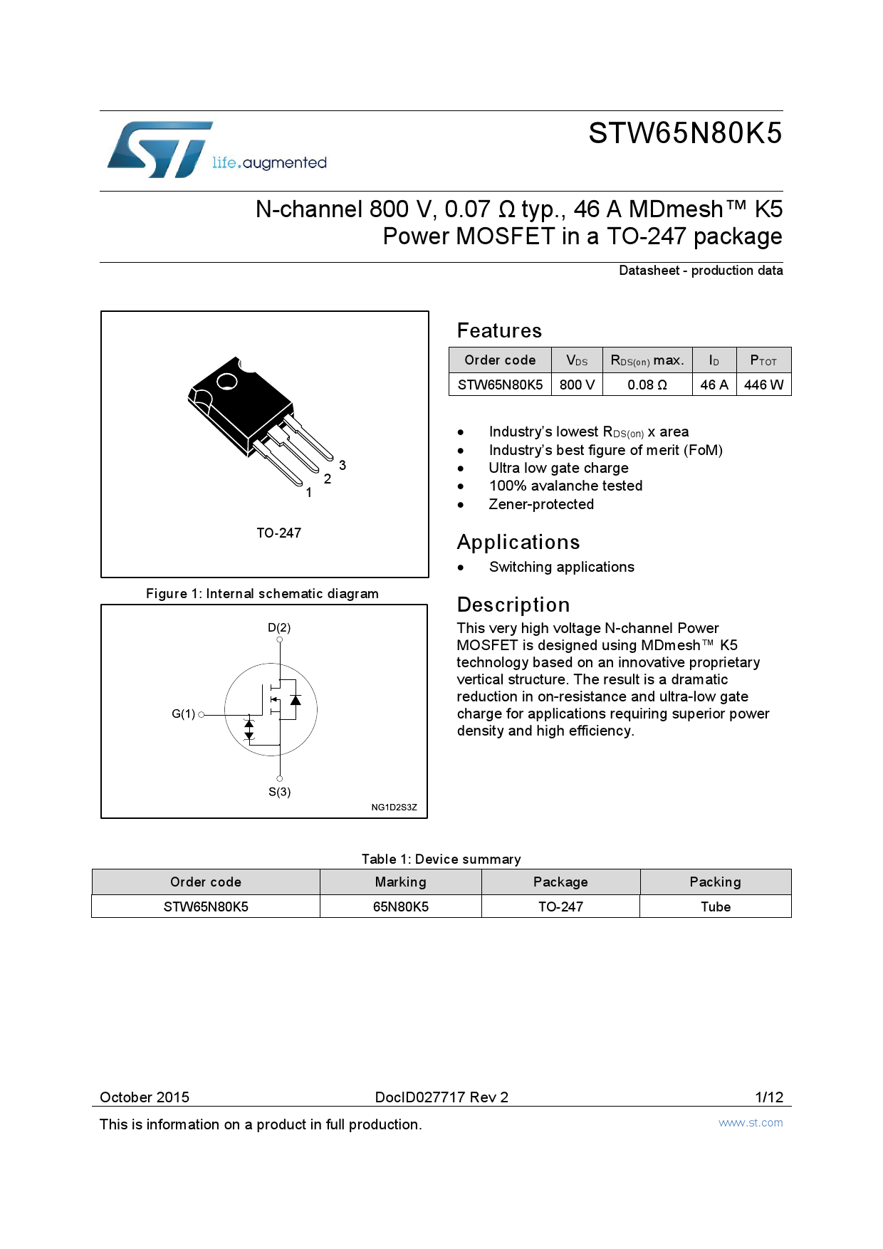 STW65N80K5_（ST(意法半导体)）STW65N80K5中文资料_价格_PDF手册-立创电子商城