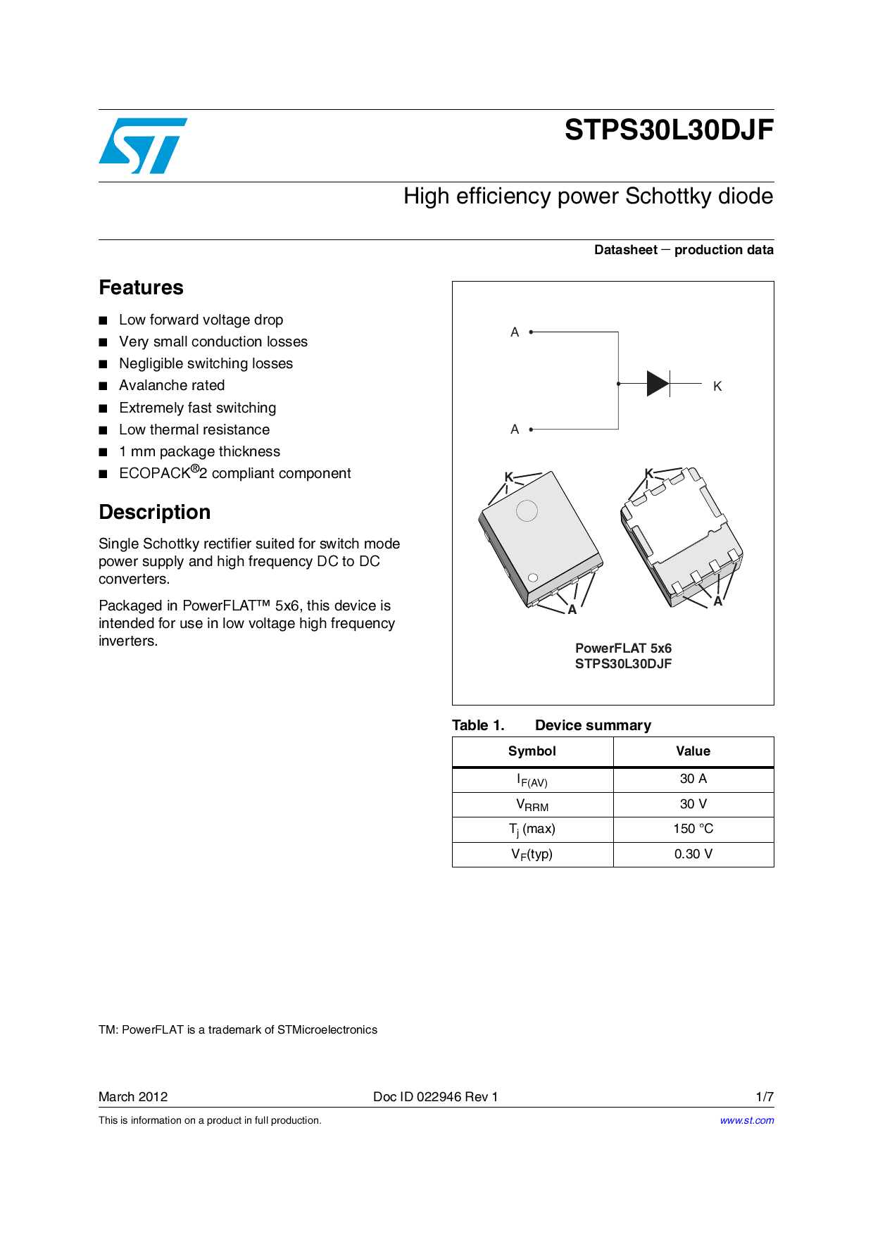 STPS30L30DJF-TR_（ST(意法半导体)）STPS30L30DJF-TR中文资料_价格_PDF手册-立创电子商城