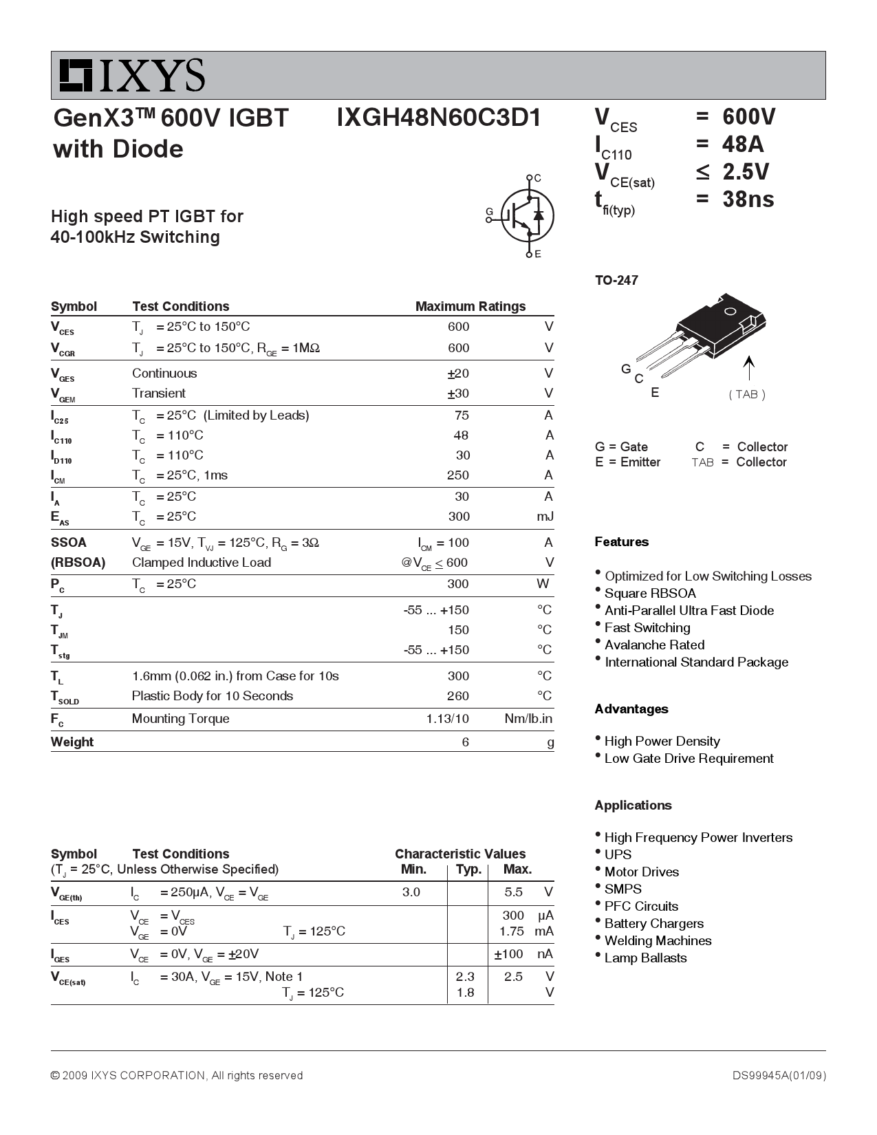 IXGH48N60C3D1_（IXYS）IXGH48N60C3D1中文资料_价格_PDF手册-立创电子商城
