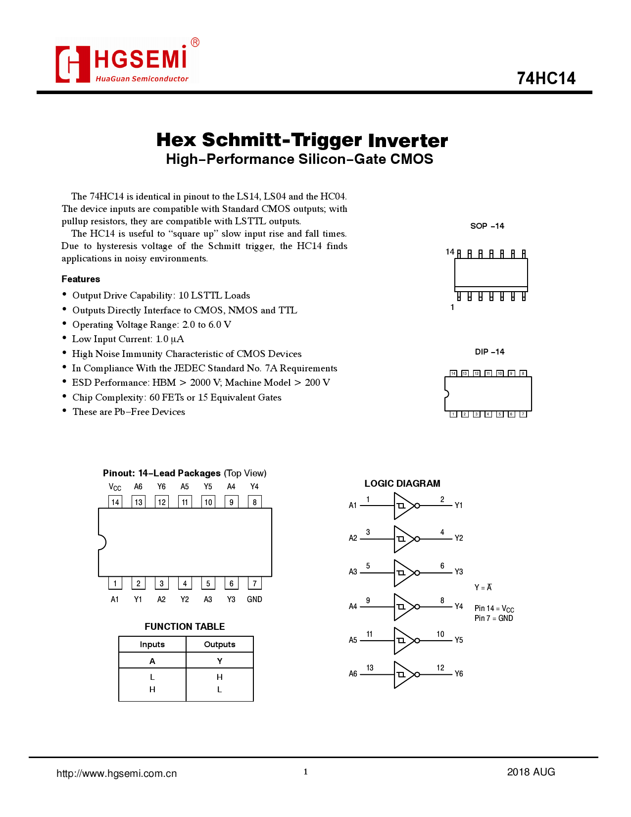 74HC14N_（HGSEMI(华冠)）74HC14N中文资料_价格_PDF手册-立创电子商城