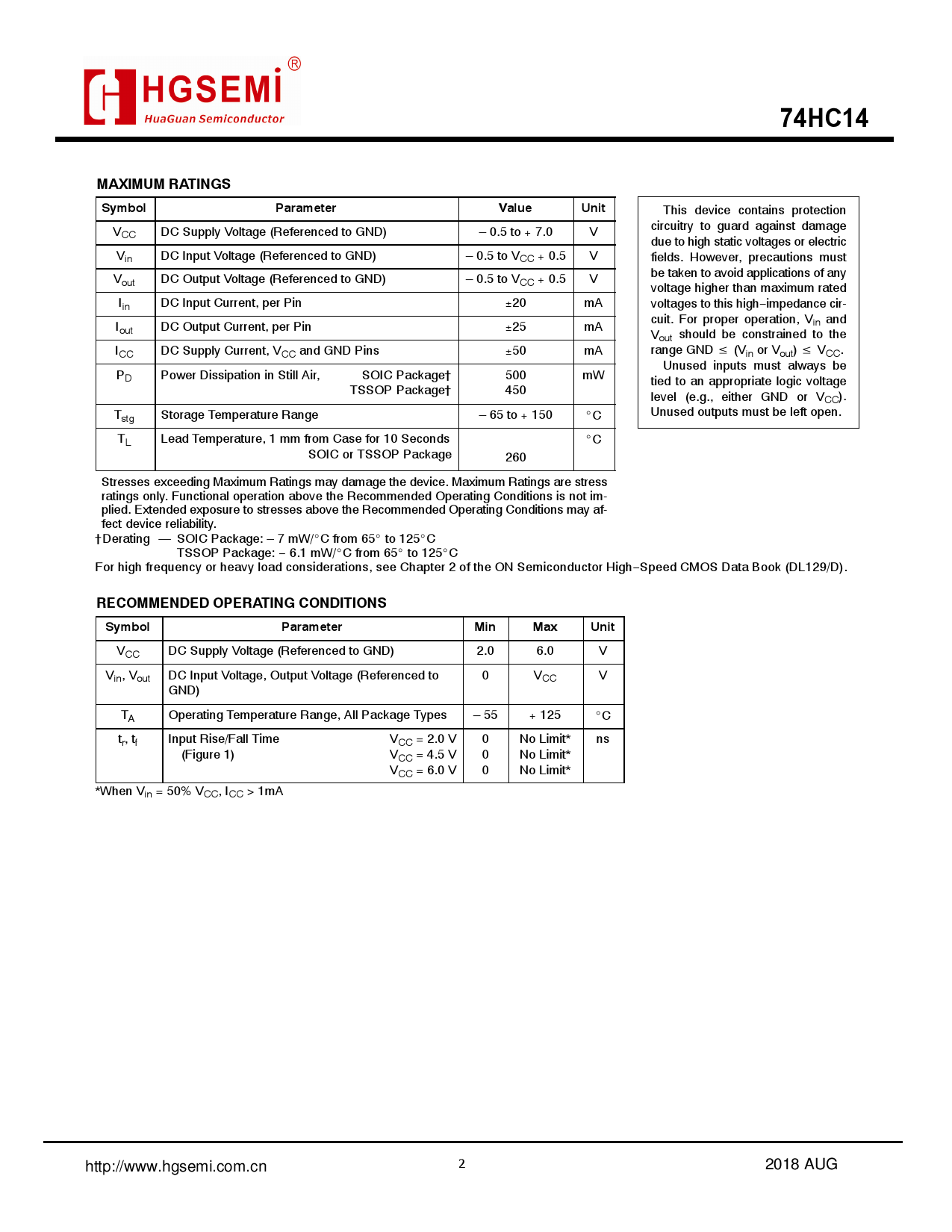74HC14N_（HGSEMI(华冠)）74HC14N中文资料_价格_PDF手册-立创电子商城