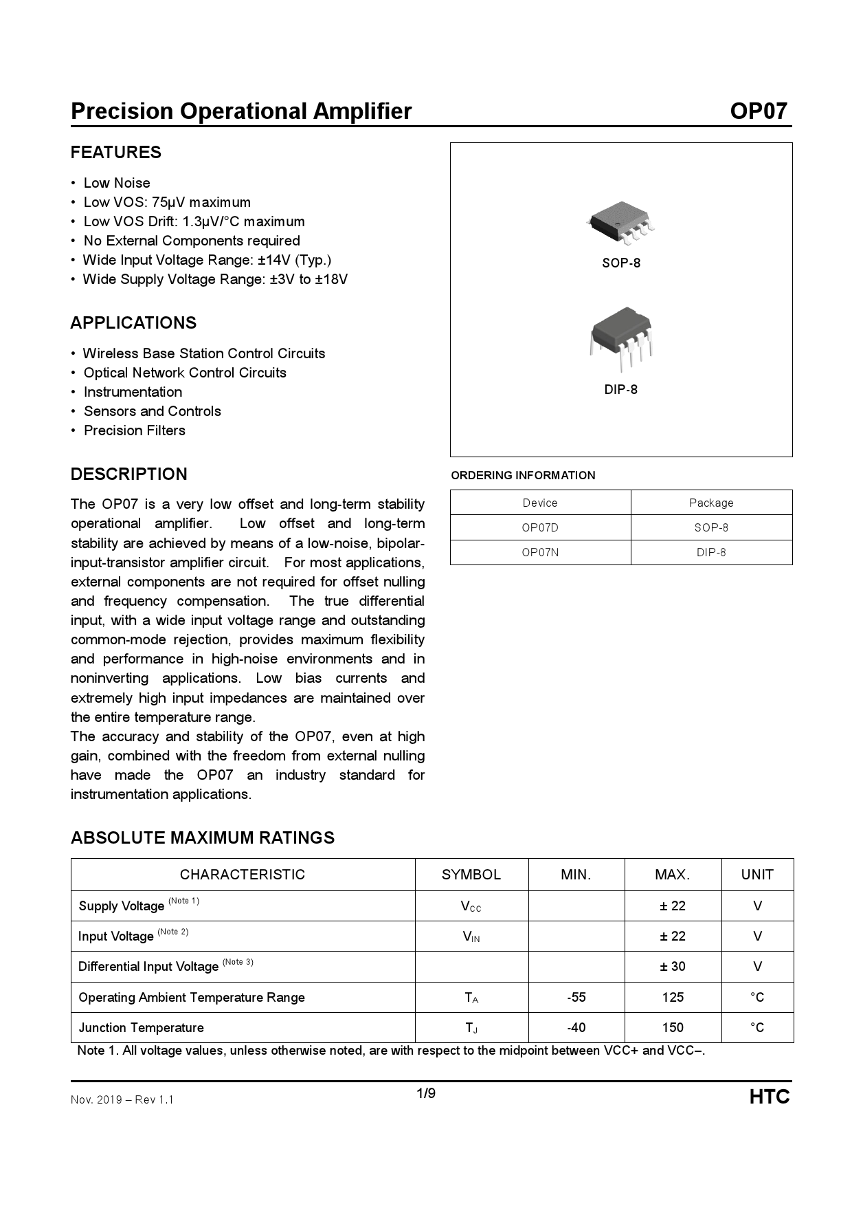 OP07D_（HTC）OP07D中文资料_价格_PDF手册-立创电子商城