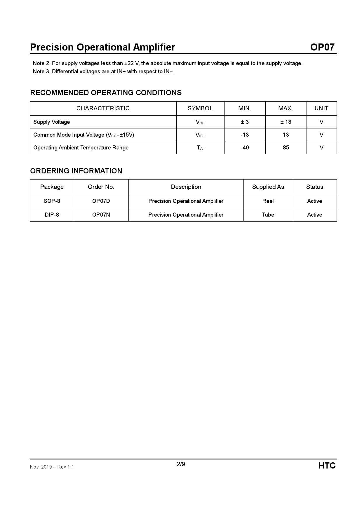 OP07D_（HTC）OP07D中文资料_价格_PDF手册-立创电子商城