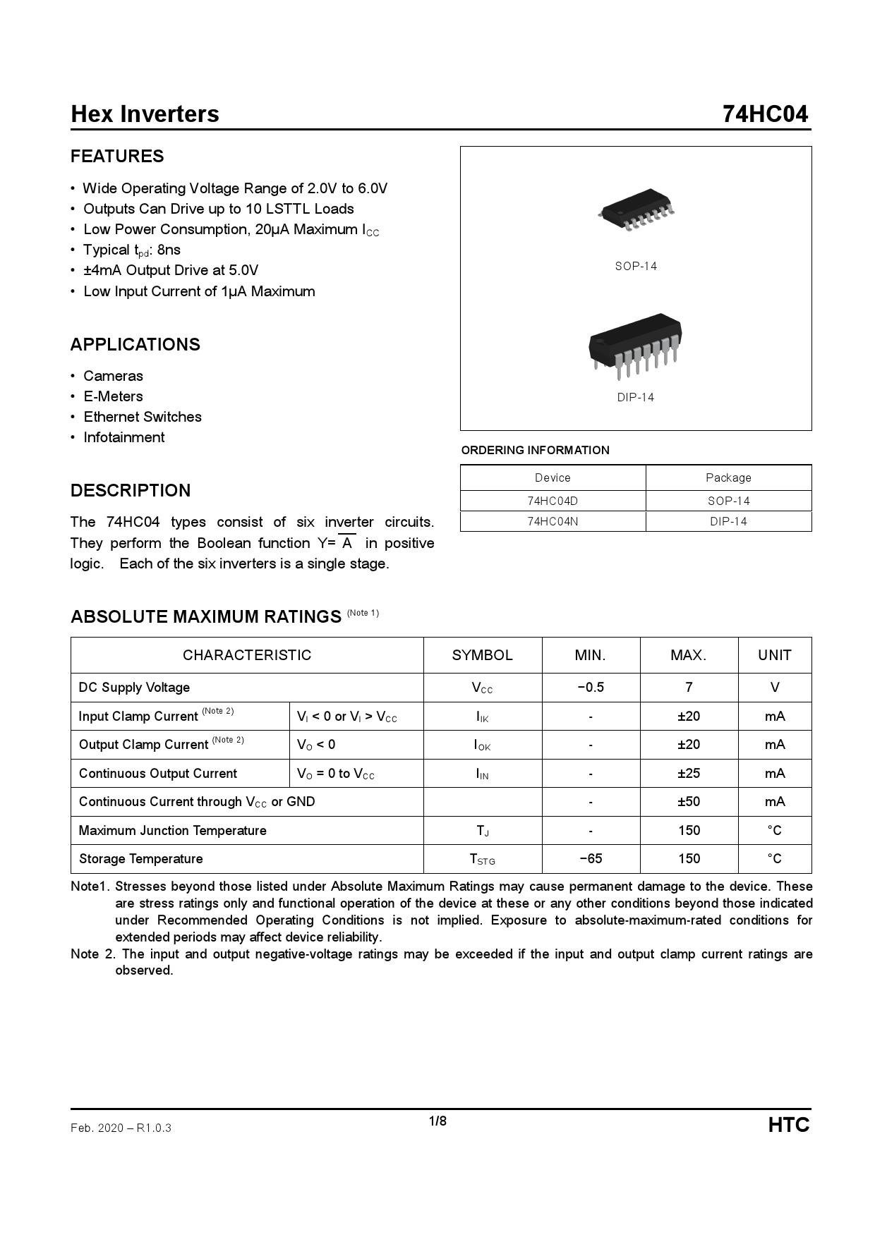 74HC04D_（HTC）74HC04D中文资料_价格_PDF手册-立创电子商城