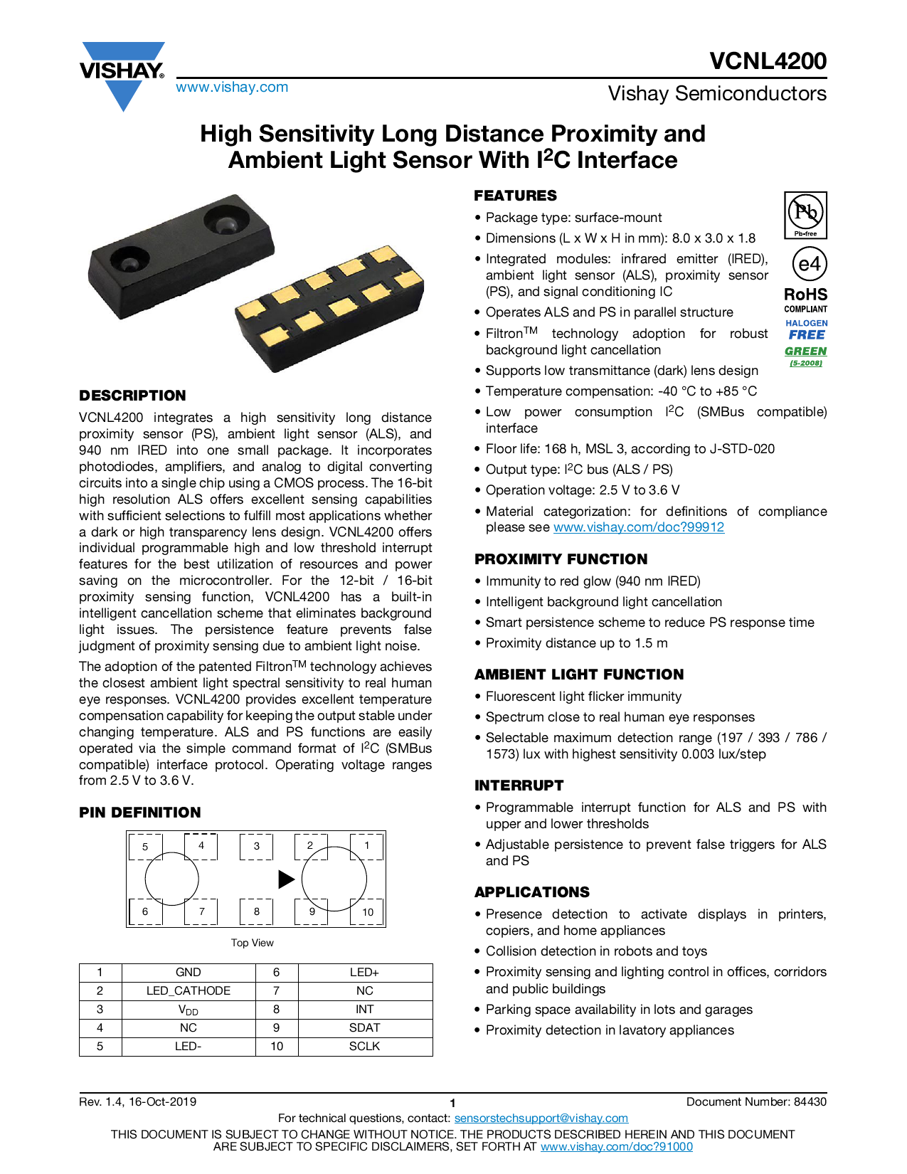 VCNL4200_（VISHAY(威世)）VCNL4200中文资料_价格_PDF手册-立创电子商城