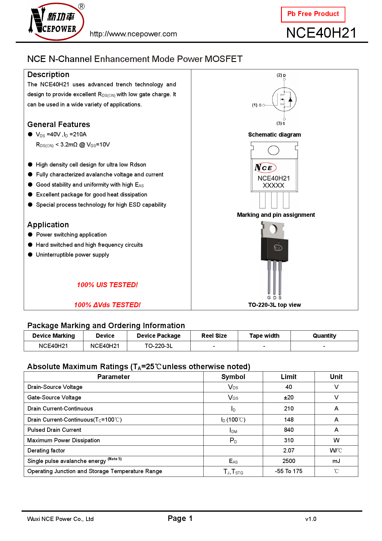 NCE40H21_（无锡新洁能）NCE40H21中文资料_价格_PDF手册-立创电子商城