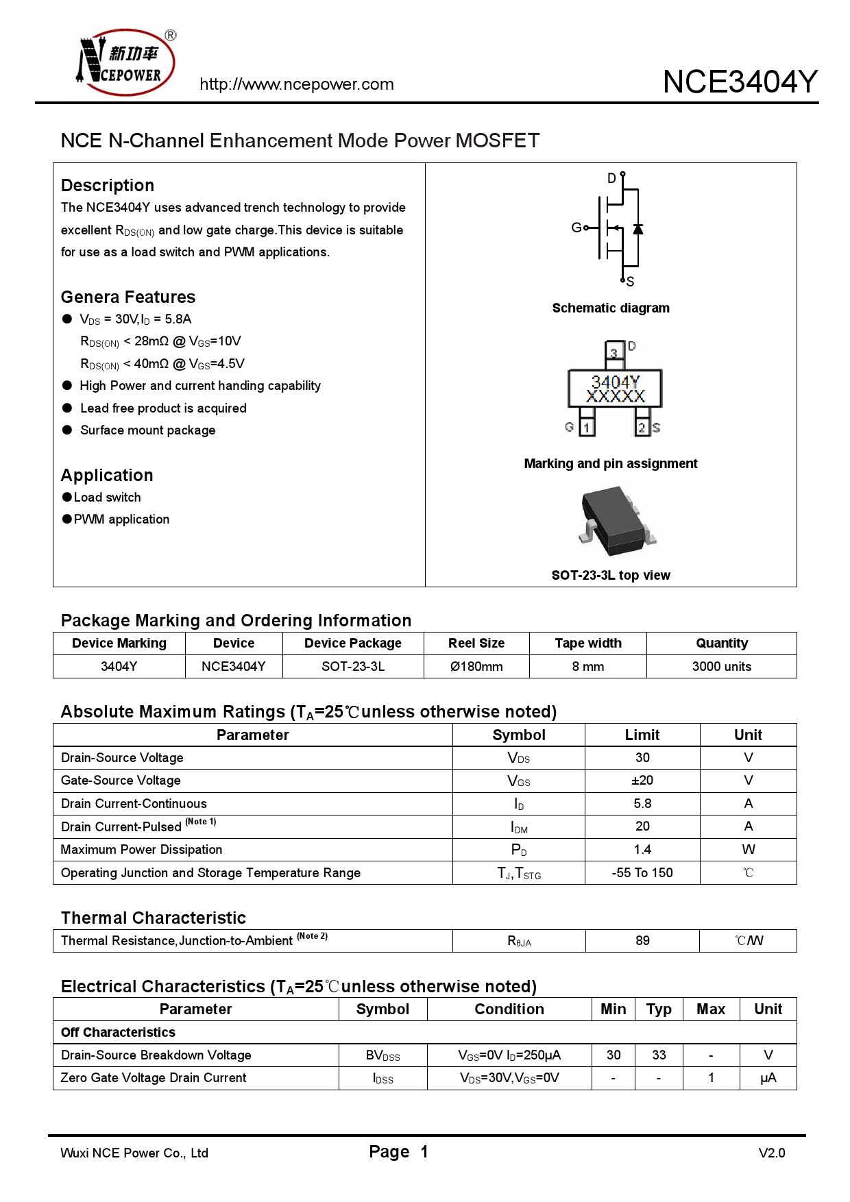 NCE3404Y_（无锡新洁能）NCE3404Y中文资料_价格_PDF手册-立创电子商城