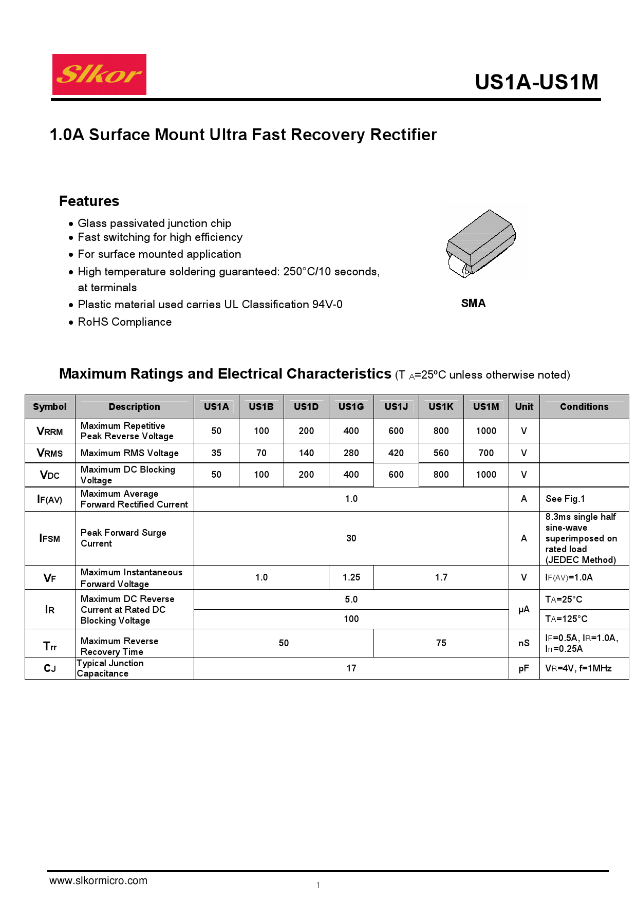US1M_（Slkor(萨科微)）US1M中文资料_价格_PDF手册-立创电子商城