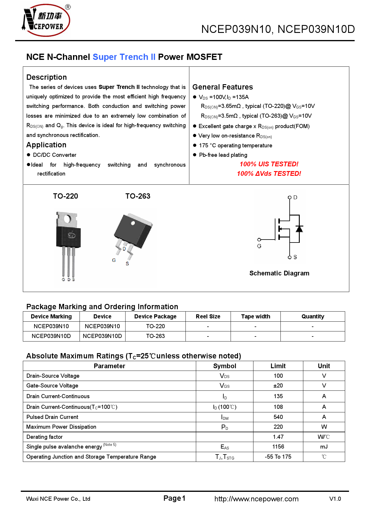 NCEP039N10D_（无锡新洁能）NCEP039N10D中文资料_价格_PDF手册-立创电子商城