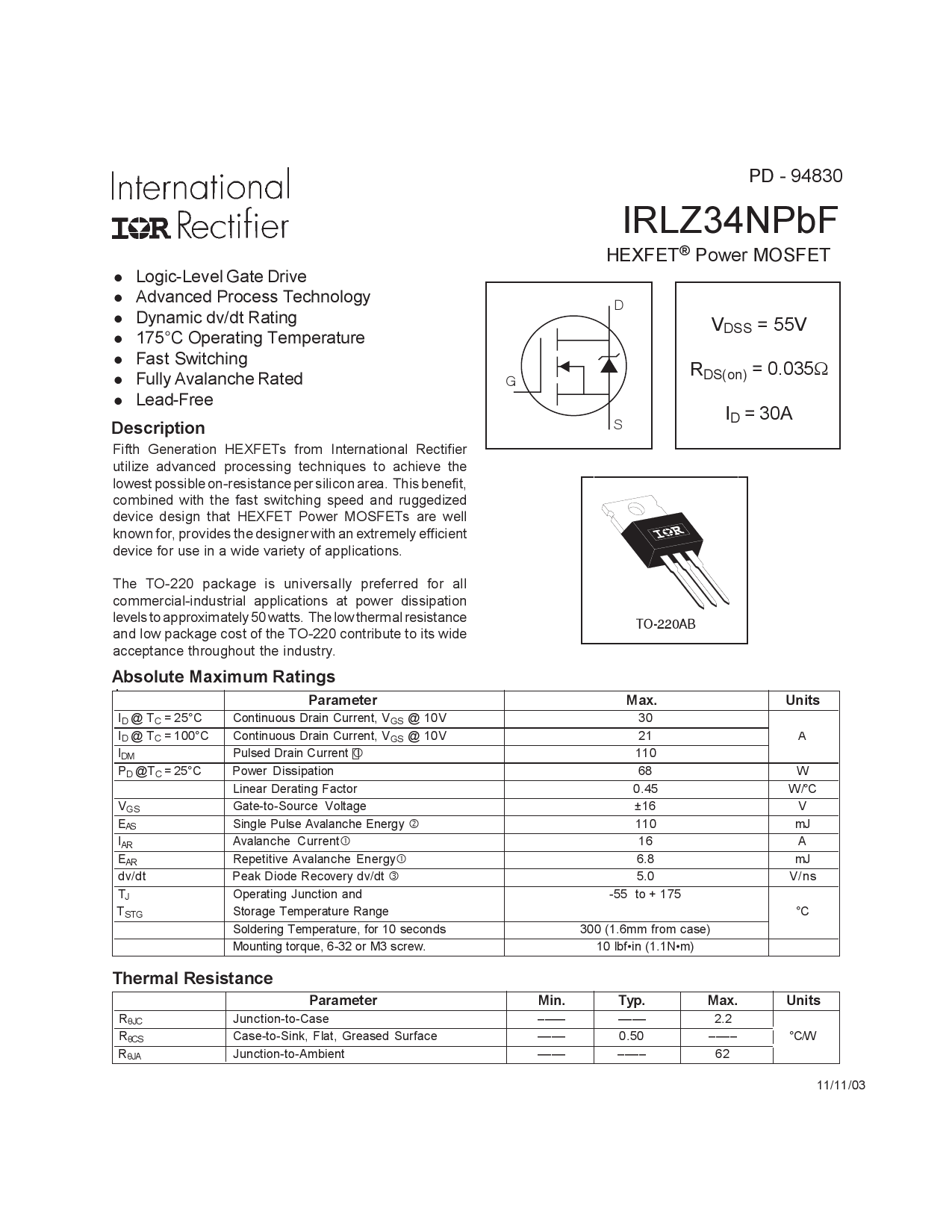 IRLZ34NPBF_（Infineon(英飞凌)）IRLZ34NPBF中文资料_价格_PDF手册-立创电子商城