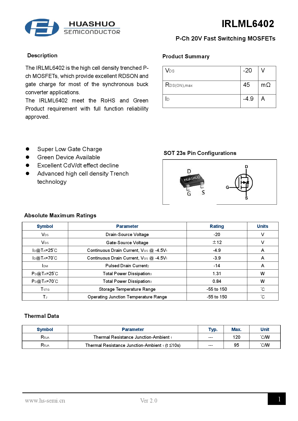 IRLML6402_（HUASHUO(华朔)）IRLML6402中文资料_价格_PDF手册-立创电子商城