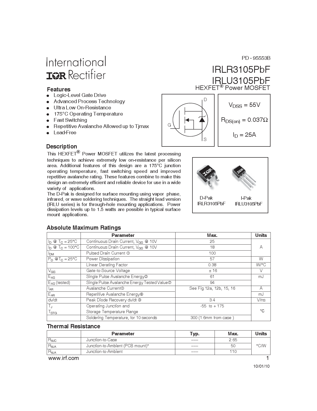 IRLR3105TRPBF_（Infineon(英飞凌)）IRLR3105TRPBF中文资料_价格_PDF手册-立创电子商城