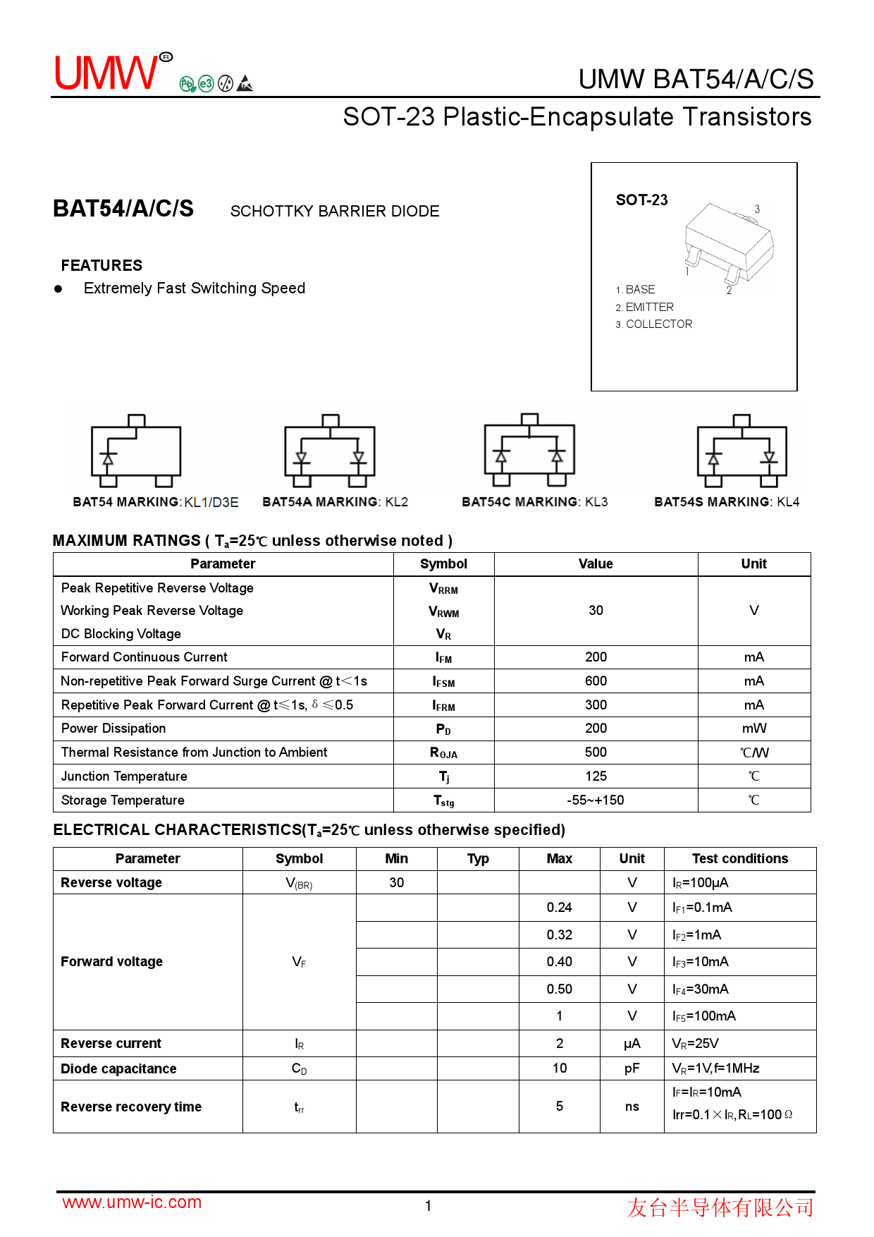 BAT54A_（UMW(友台半导体)）BAT54A中文资料_价格_PDF手册-立创电子商城