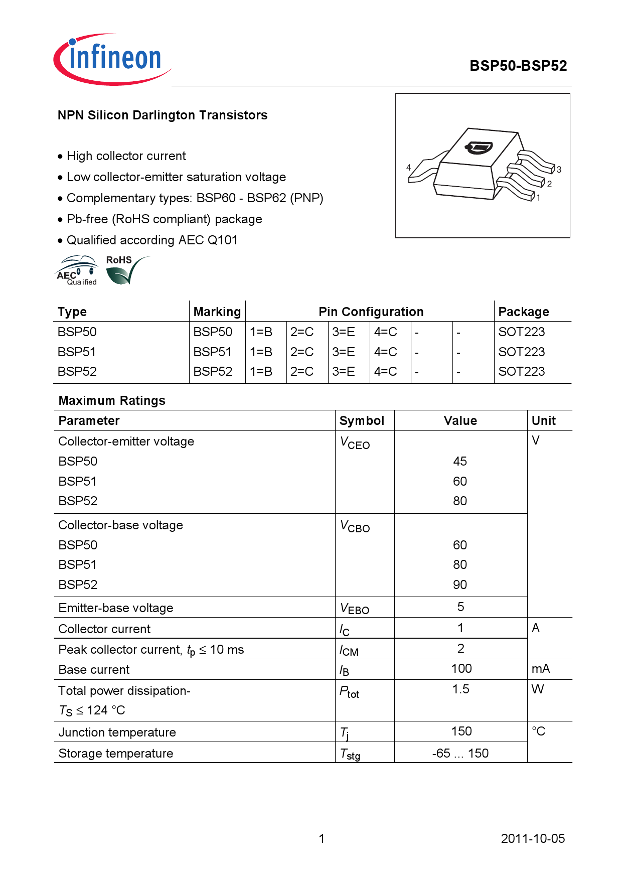 BSP 52 H6327_（Infineon(英飞凌)）BSP 52 H6327中文资料_价格_PDF手册-立创电子商城