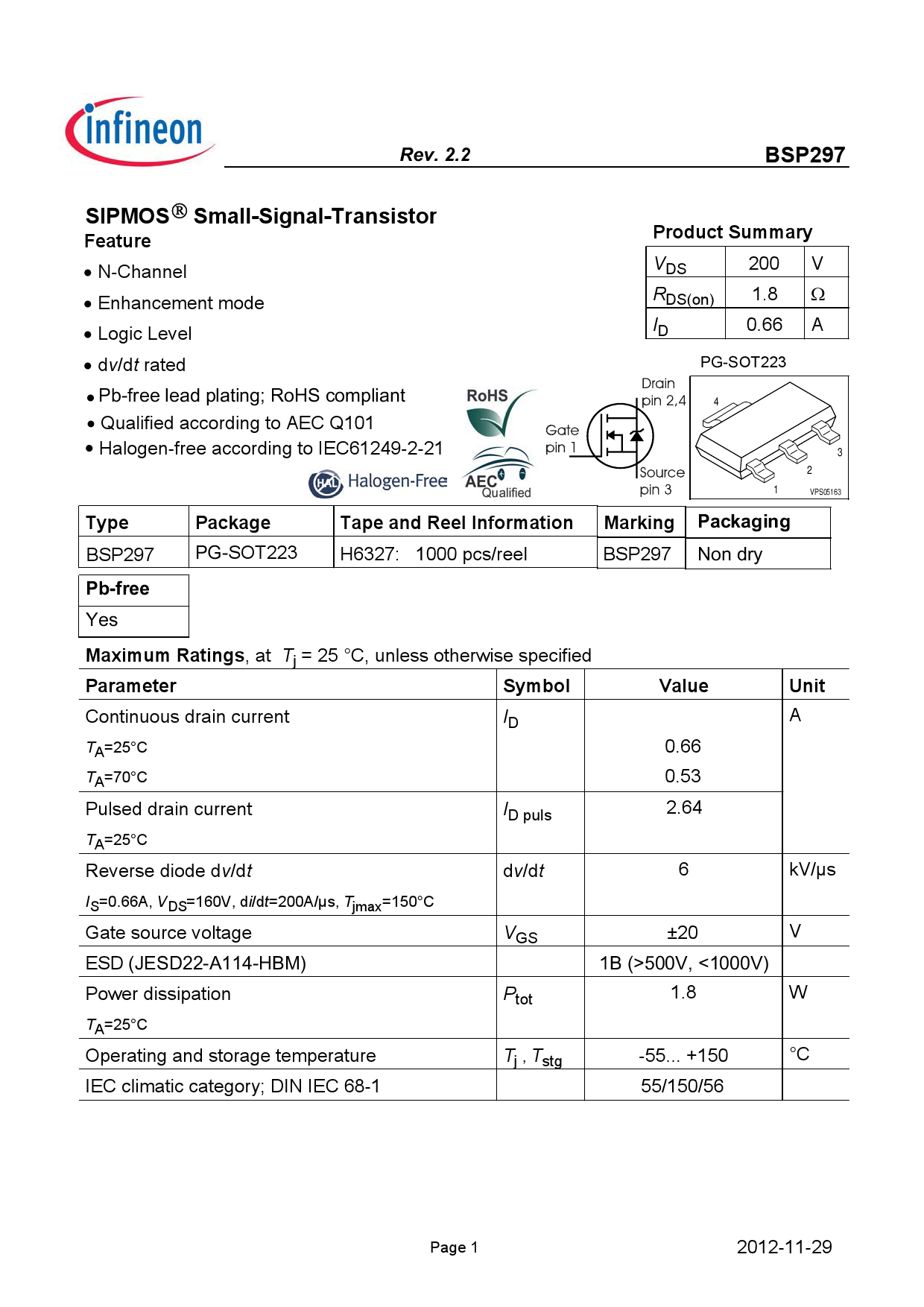 BSP297 H6327_（Infineon(英飞凌)）BSP297 H6327中文资料_价格_PDF手册-立创电子商城