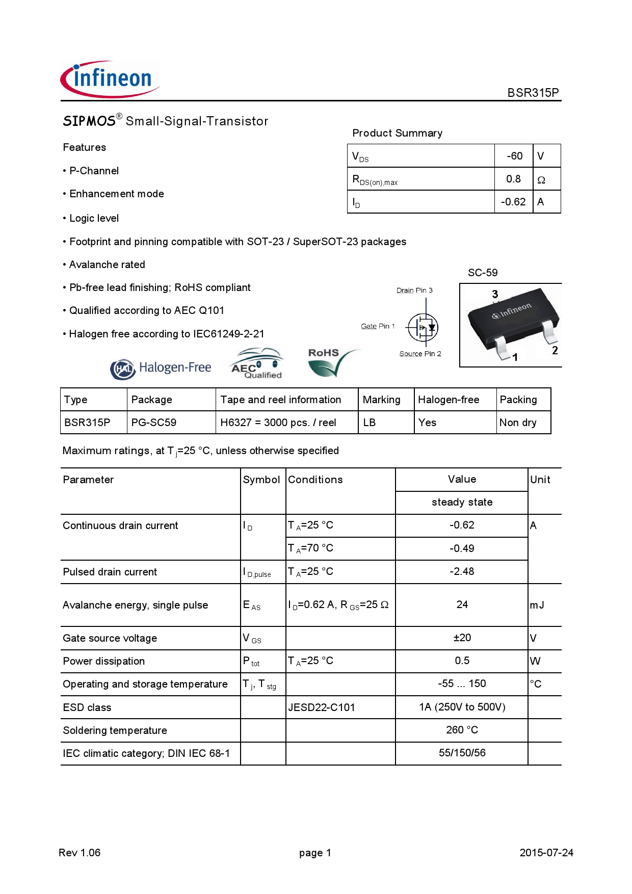 BSR315P H6327_（Infineon(英飞凌)）BSR315P H6327中文资料_价格_PDF手册-立创电子商城