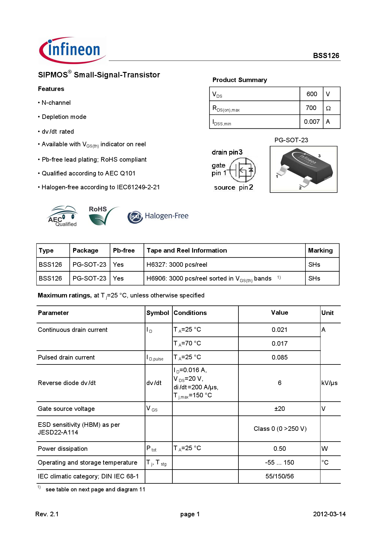 BSS126 H6906_（Infineon(英飞凌)）BSS126 H6906中文资料_价格_PDF手册-立创电子商城