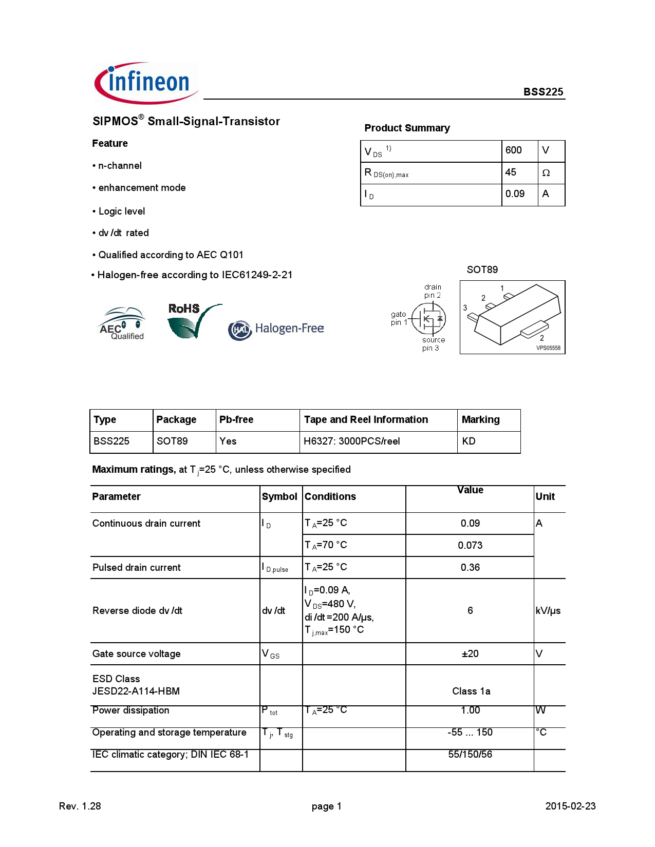 BSS225 H6327_（Infineon(英飞凌)）BSS225 H6327中文资料_价格_PDF手册-立创电子商城