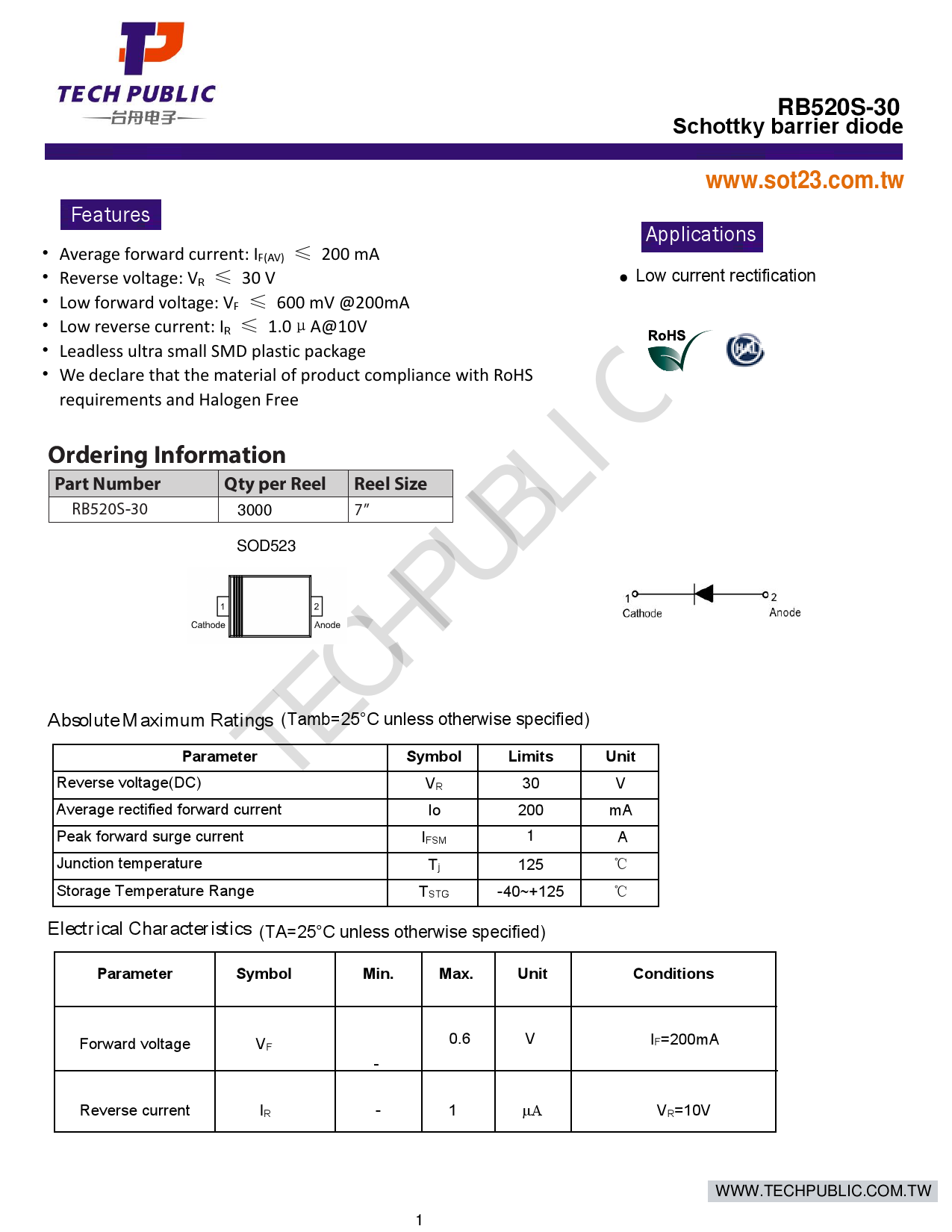 RB520S-30_（TECH PUBLIC(台舟)）RB520S-30中文资料_价格_PDF手册-立创电子商城