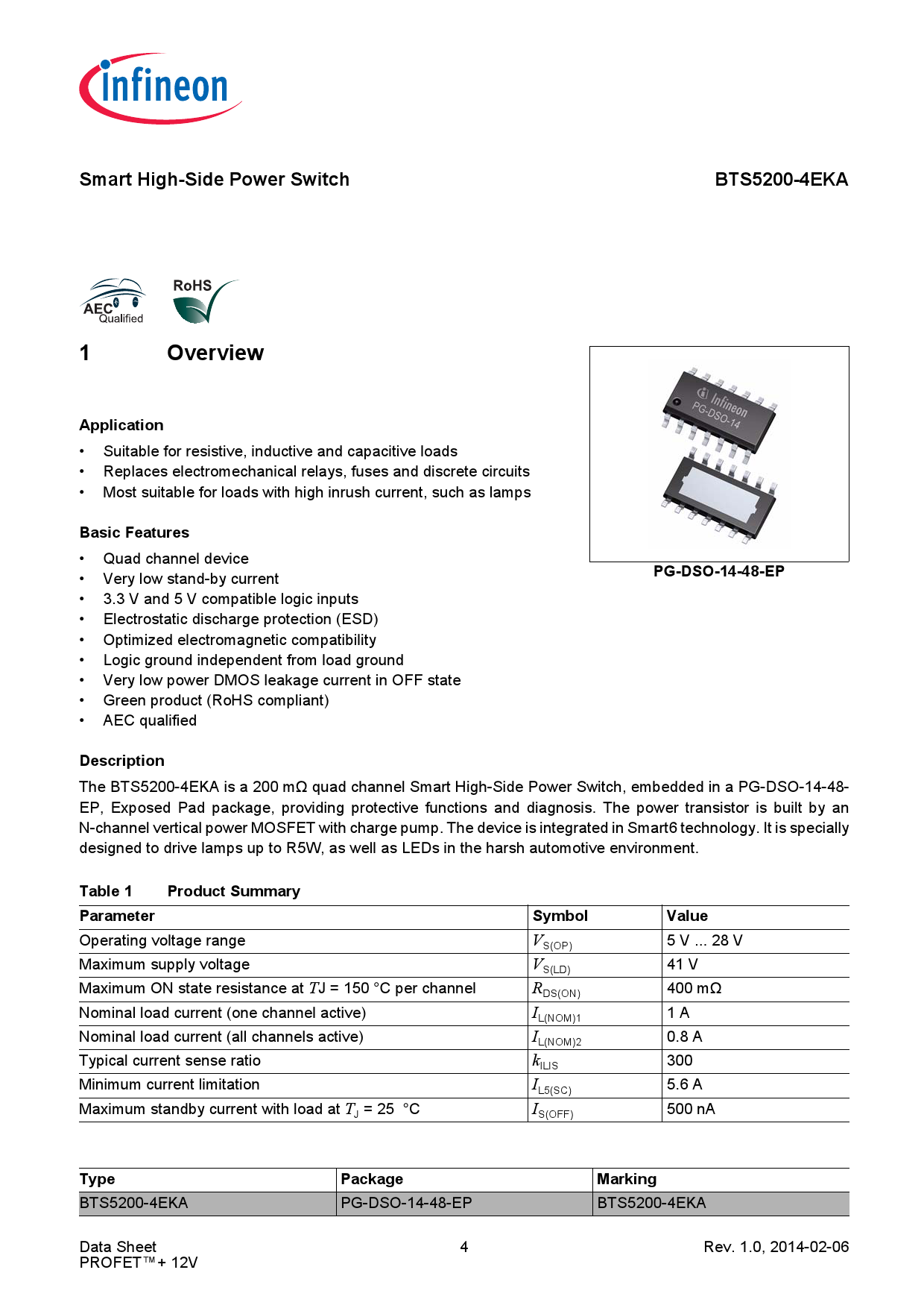 BTS5200-4EKA_（Infineon(英飞凌)）BTS5200-4EKA中文资料_价格_PDF手册-立创电子商城