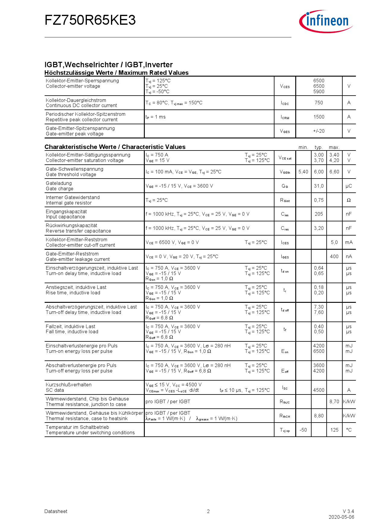 FZ750R65KE3_（Infineon(英飞凌)）FZ750R65KE3中文资料_价格_PDF手册-立创电子商城